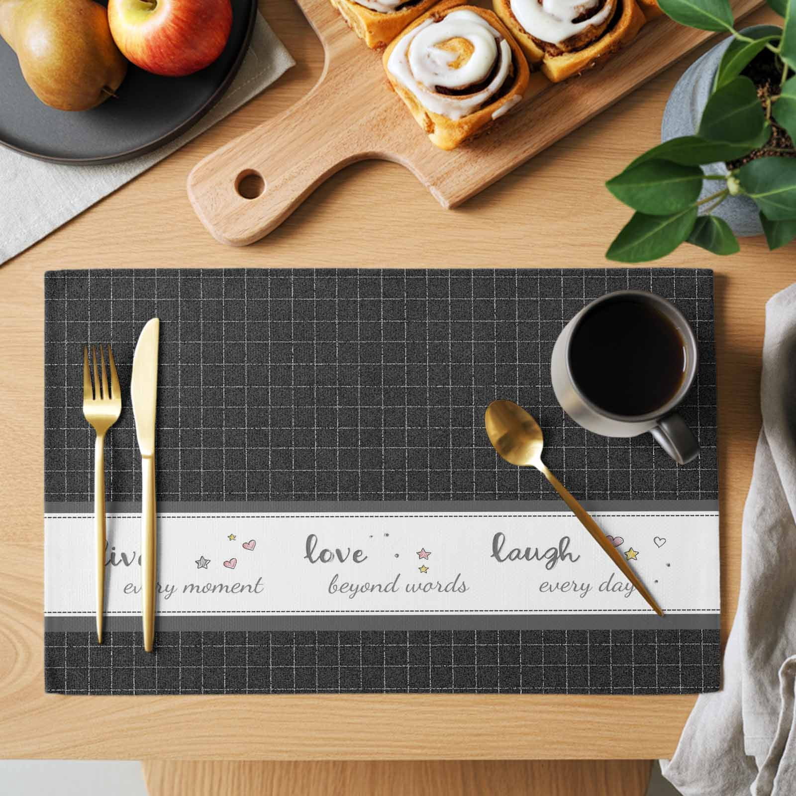 Live Love Laugh Placemats Set of 4, Black Plaid Text Love Heart Star ...