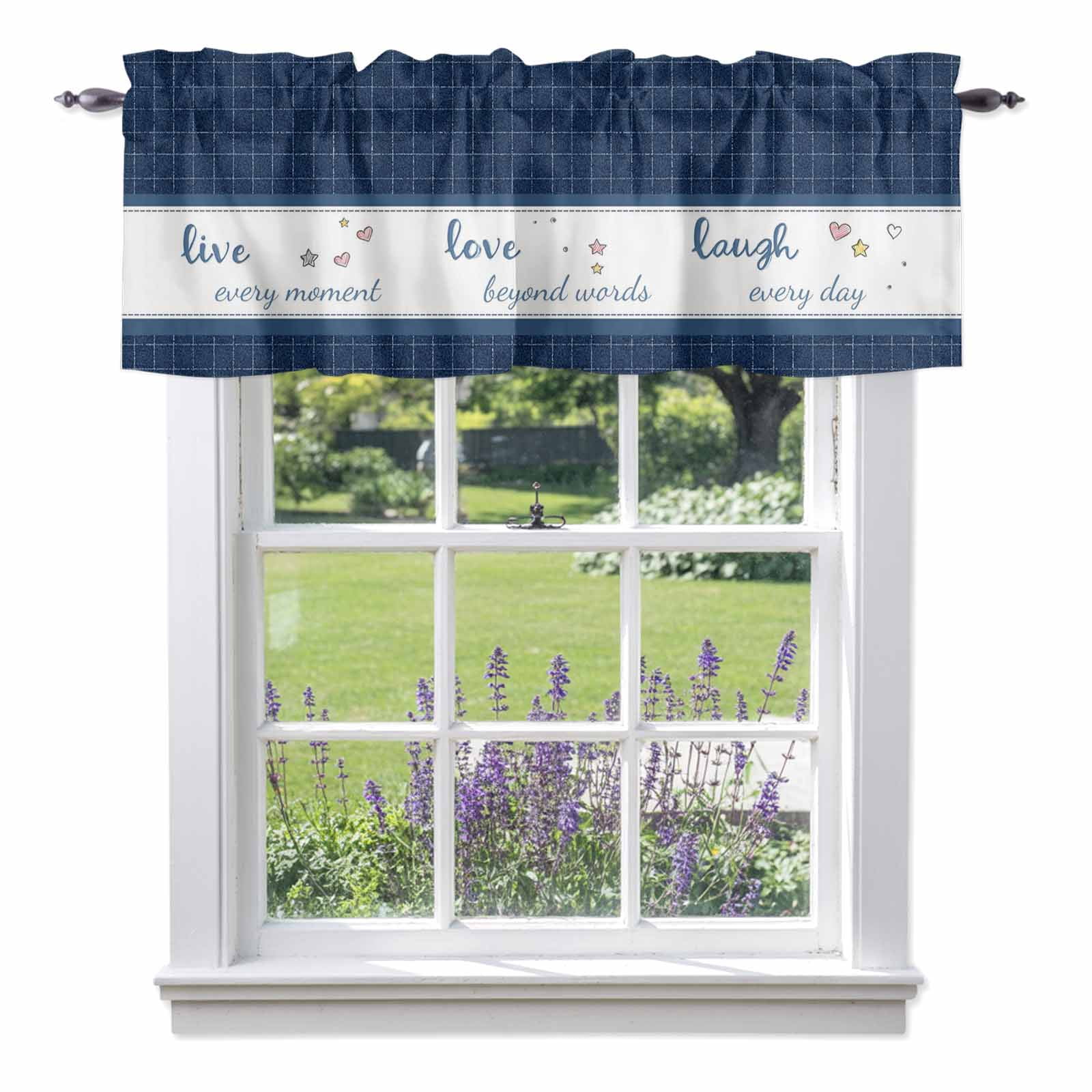 Live Love Laugh Valance Curtain for Windows Blue Plaid Text Love Heart ...