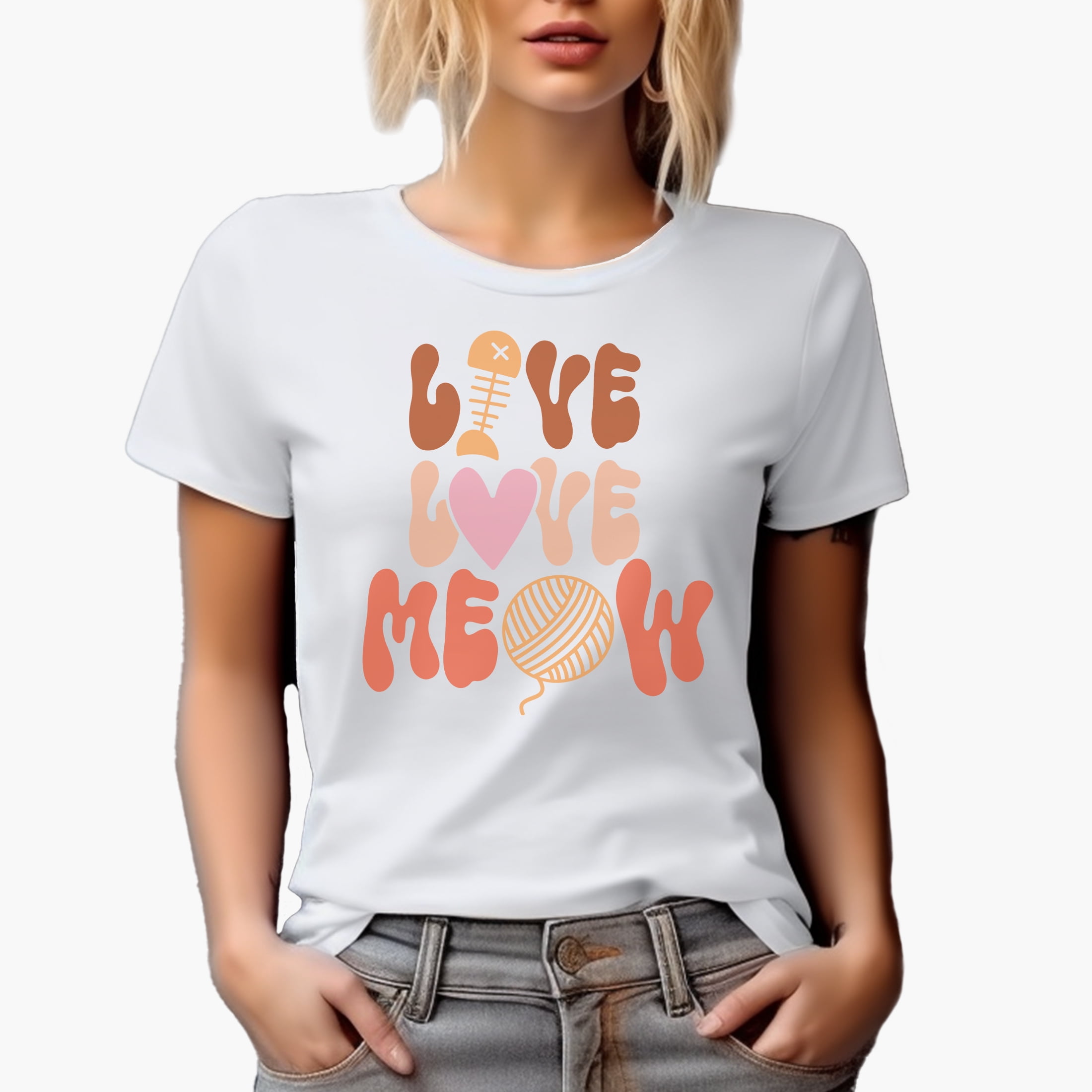 Live Love Meow with a Fishbone, Heart & Yarn, Cat Lover Art Merch Gift ...