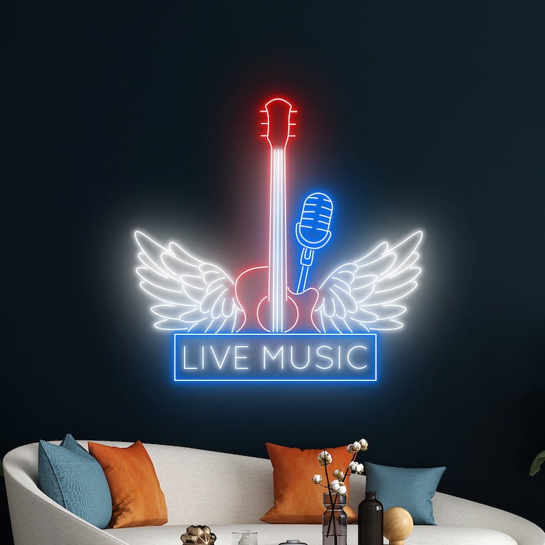 Live Music Led Sign, Guitar Microphone Neon Sign, Live Music Wall Art ...
