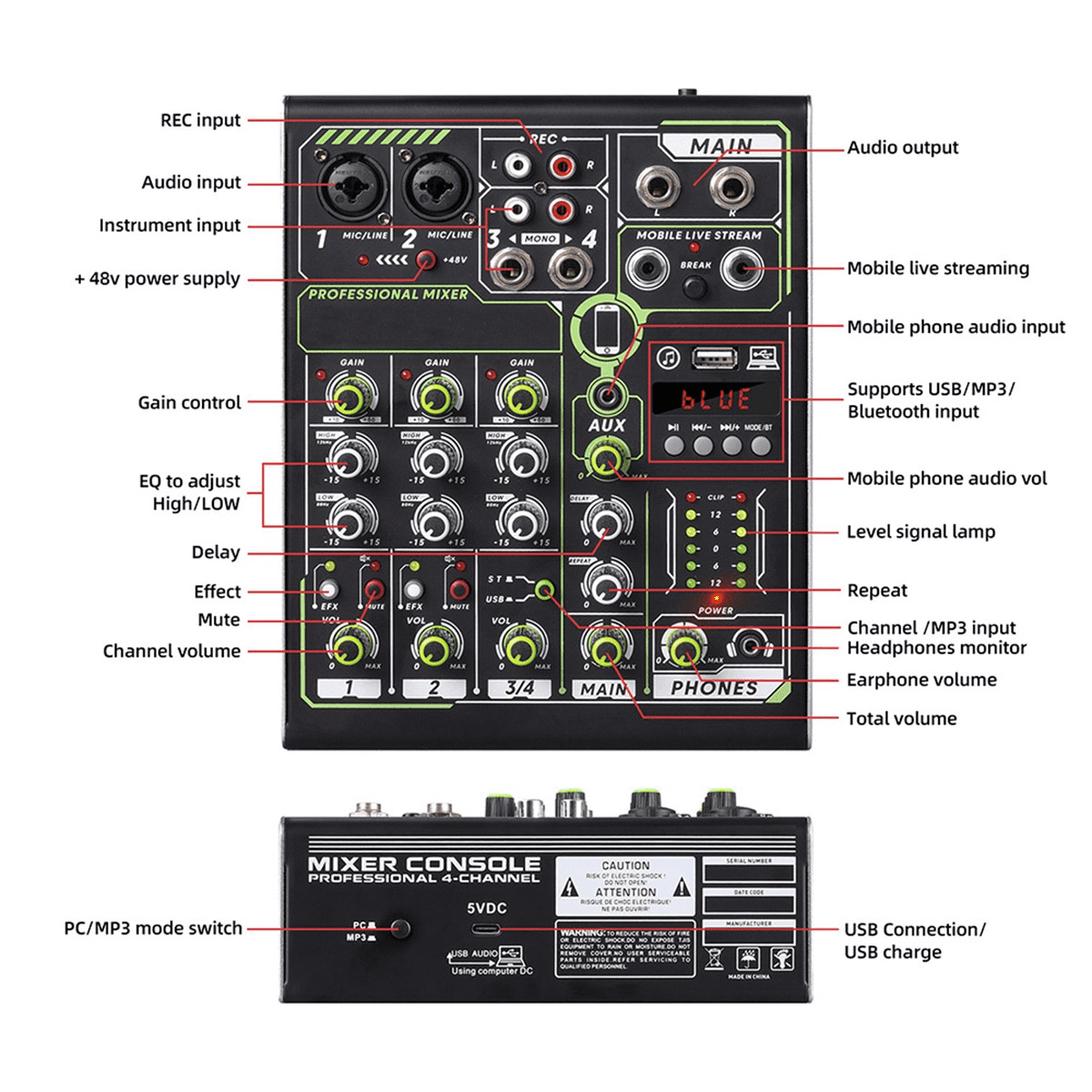 Live Sound Card Mixer Console PL4 PRO 4 Channel DSP Effects ...