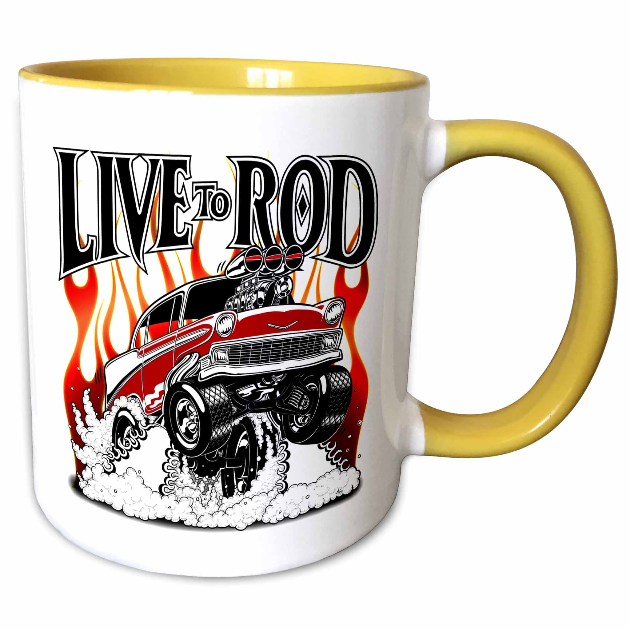 3drose, Live to Rod, Flame Background, Wheelie and Smoke, 15oz Two-tone ...