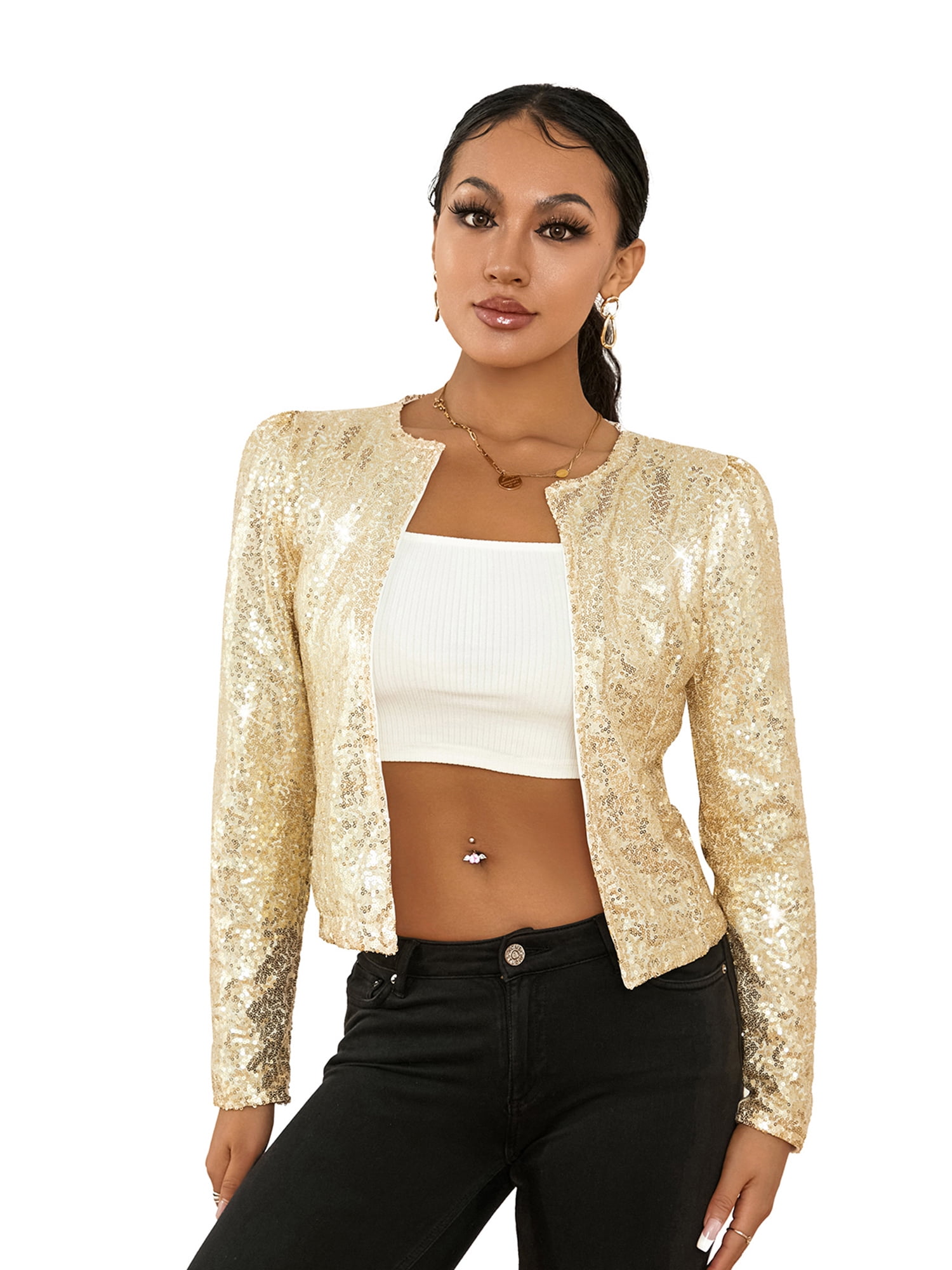 Liveday Women's Cardigan Long Sleeve Shiny Sequin Coat Open Front ...