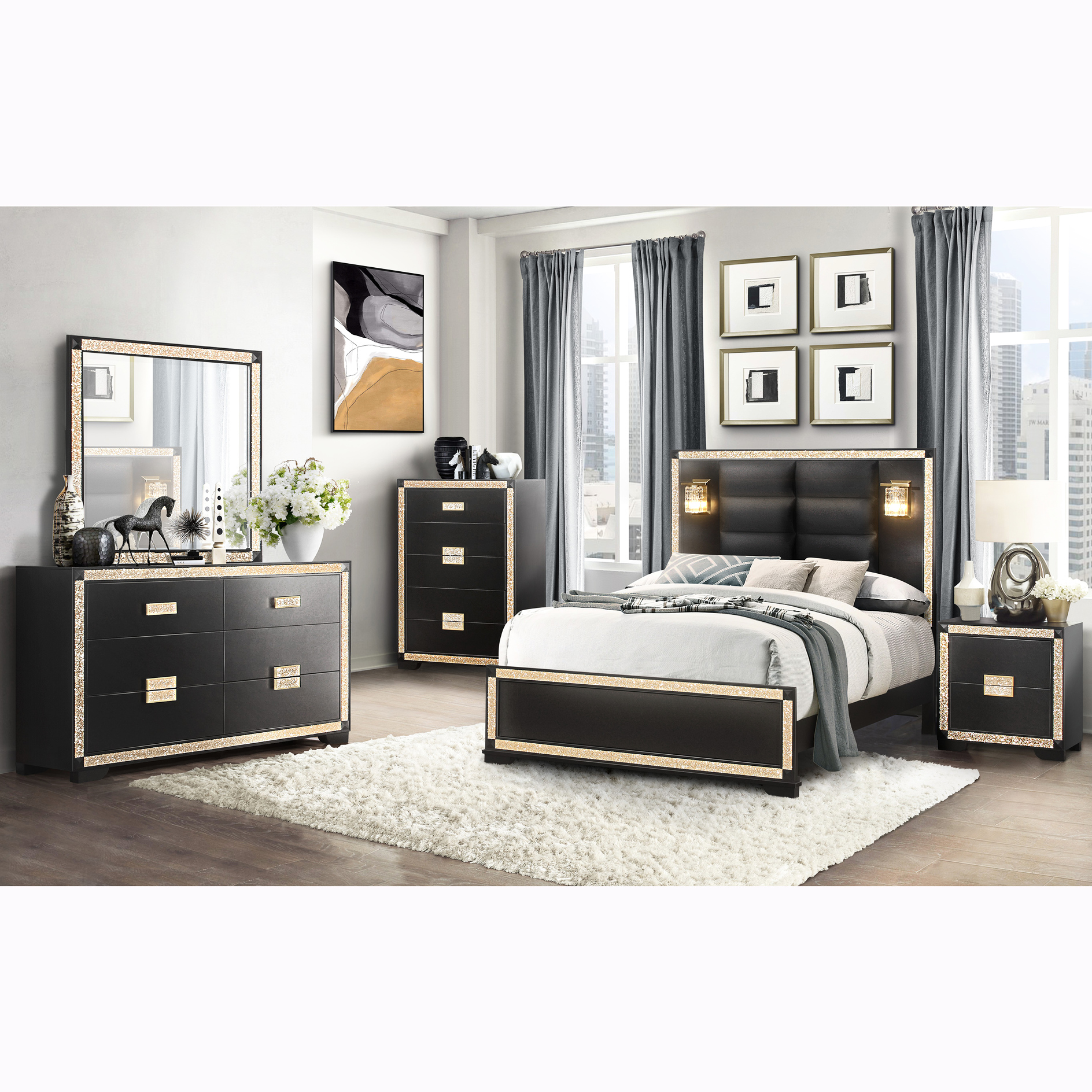 Lively Black/gold Queen Bedroom Furniture - Build, Glitter Detail ...