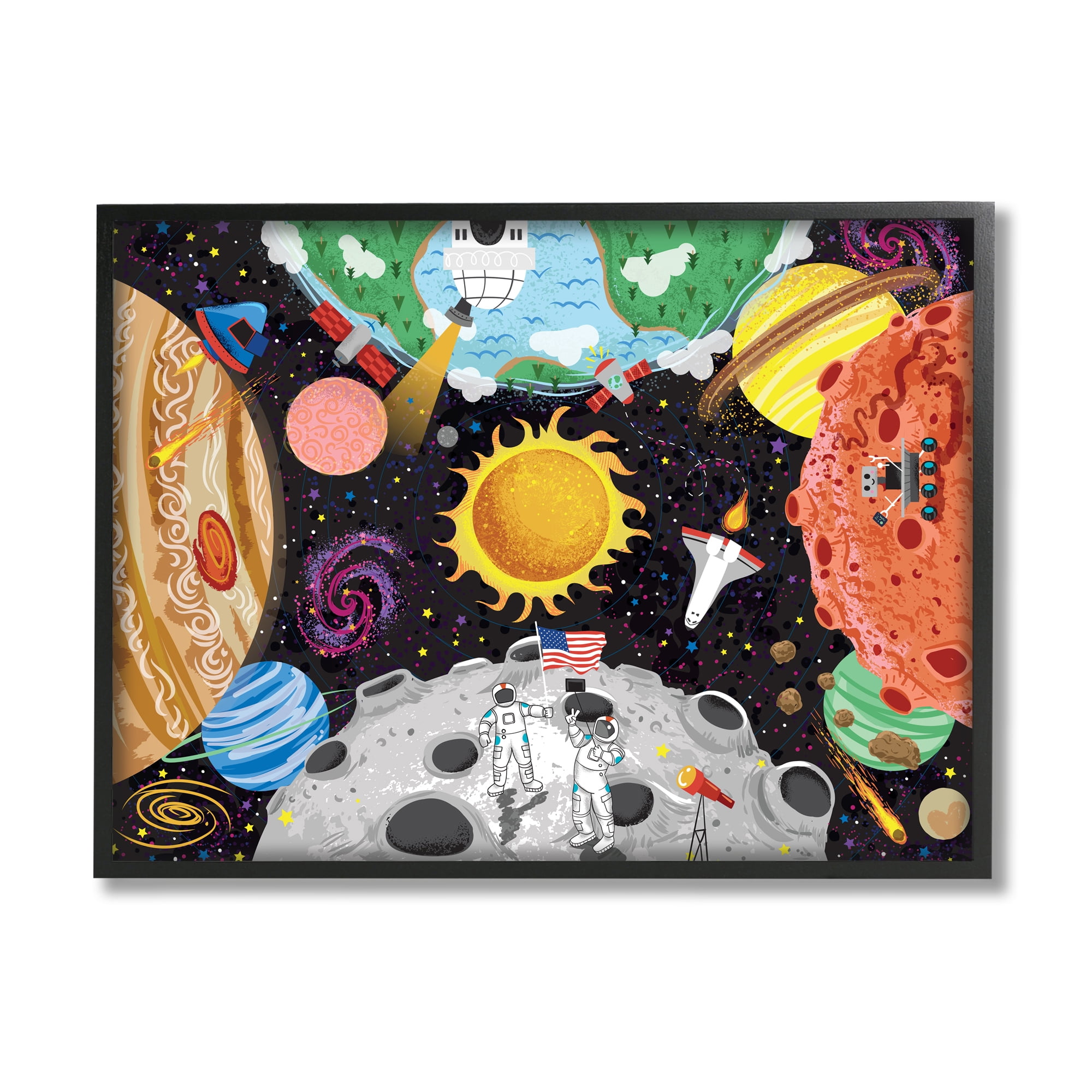 Lively Outer Space Planets Astronauts on Moon 14 in x 11 in Framed ...
