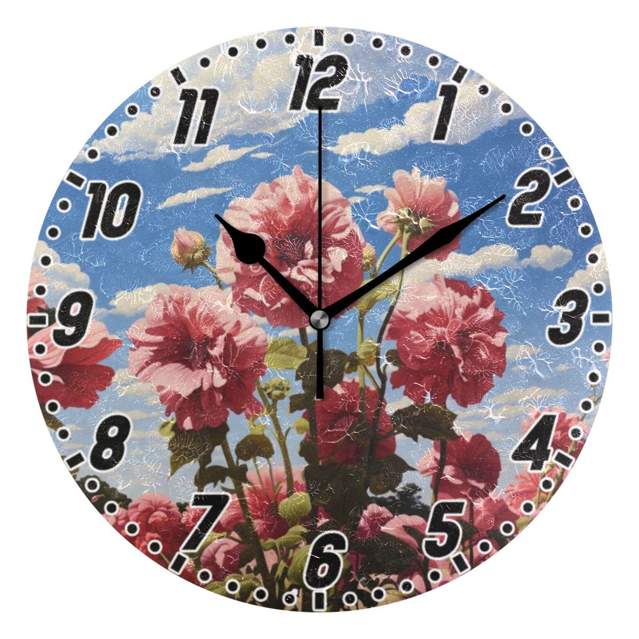 Lively Pink Flower Wall Clock 9.8 inch Battery Operated Clocks Non ...