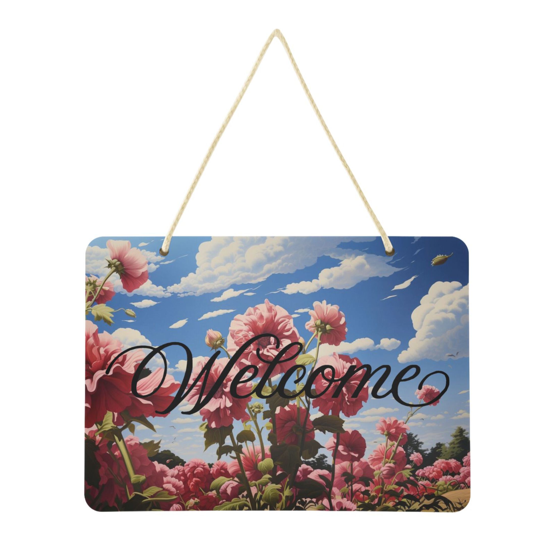 Lively Pink Flower Welcome Sign Front Door PVC 14x10 inch Hanger Hello ...