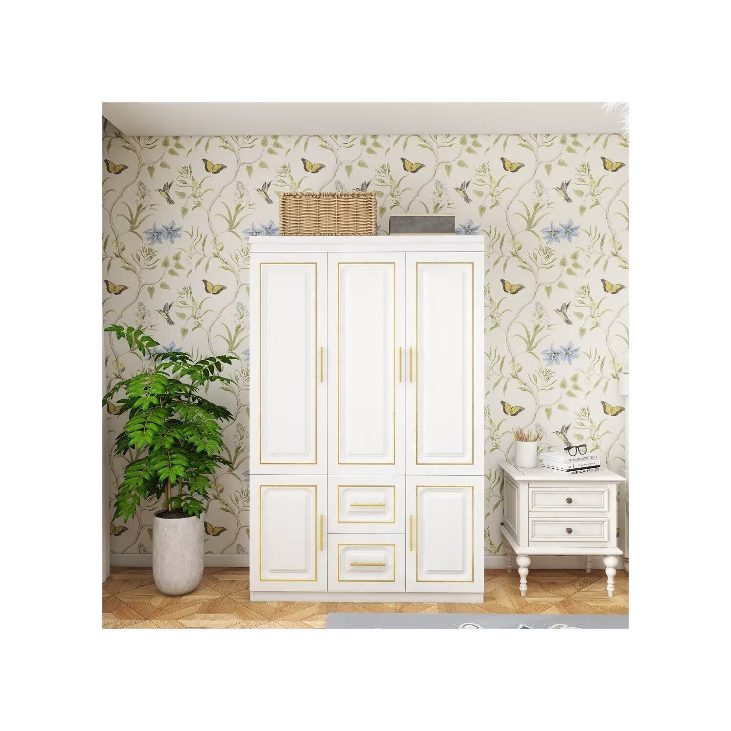 3-Door Armoire Wardrobe Closet - White Wood Storage Cabinet with ...