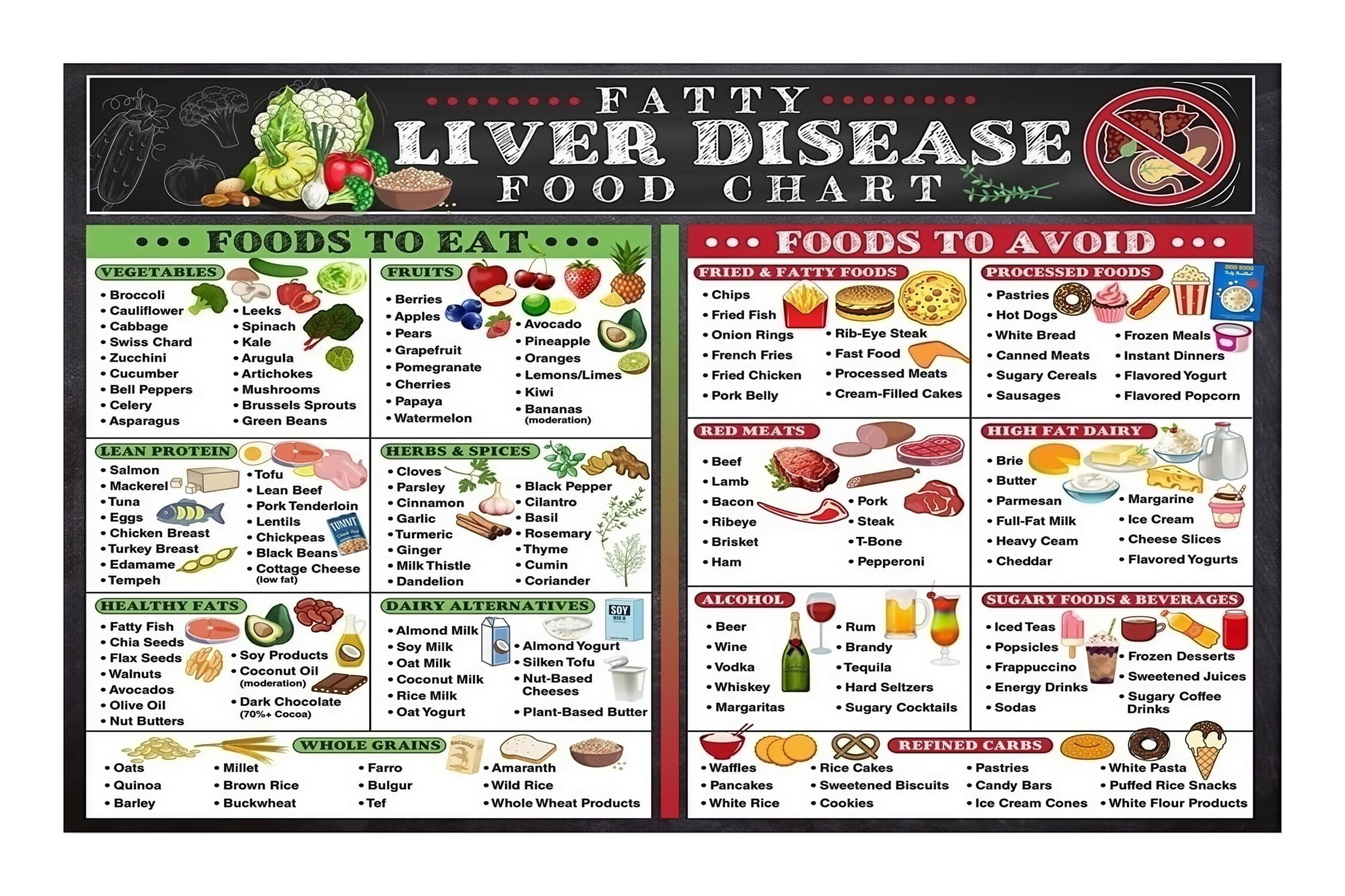 Liver Health Food Chart Fatty Liver Grocery List Poster Clean Eating ...