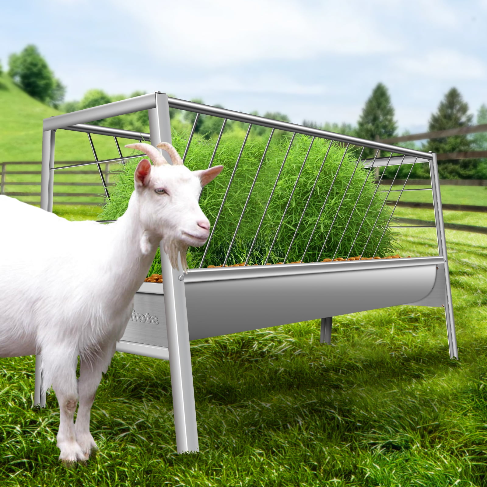 Livestock Goat Feeder with 77 Gallon Capacity, 23.6" Wide Stainless Pan, 59" L x 19.6" W, Goat ...
