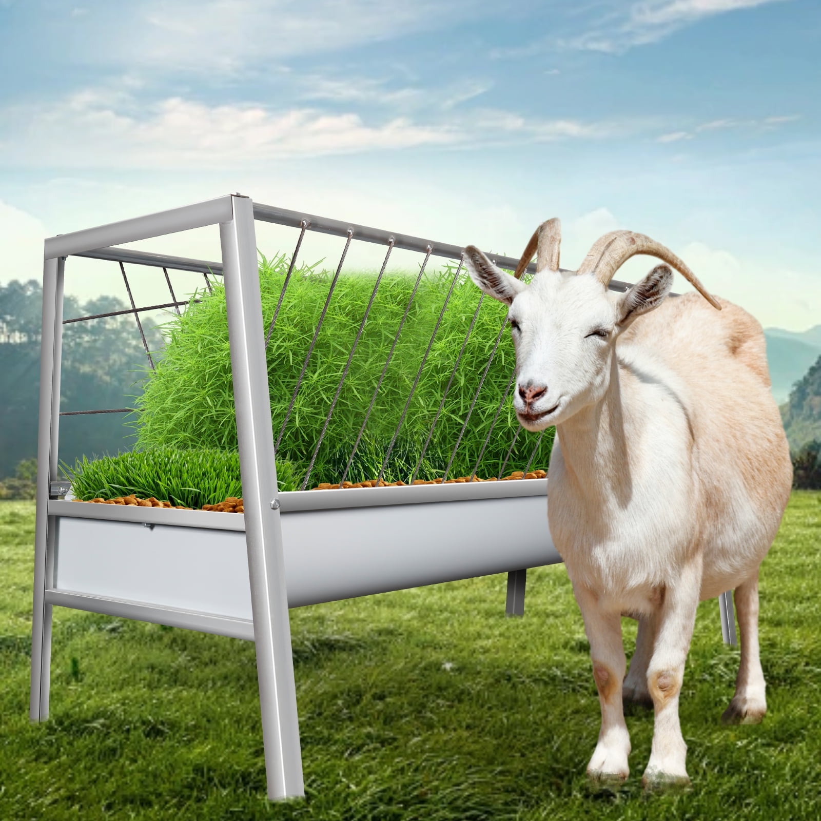 Livestock Goat Feeder & Goat Hay Feeder, 77 Gallon Capacity, 23.6" Wide Galvanized Pan, 33.4 ...