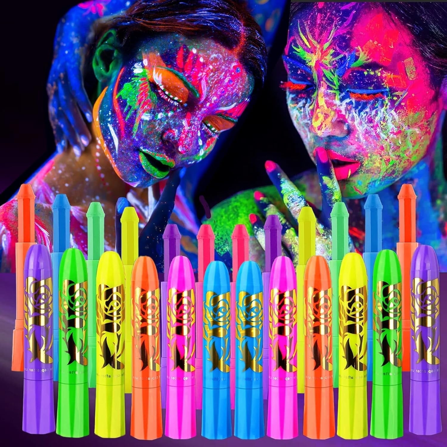 Livhil 12 Pcs Glow Face Painting Kits Under UV Light, Glow in The Dark Makeup for Face Body ...