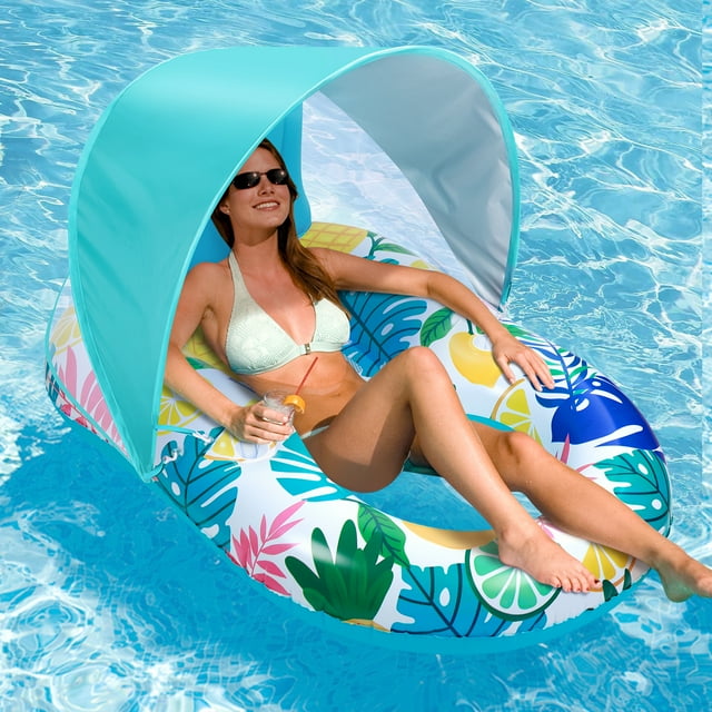 Livhil Adult Pool Float Loungers with Headrest & Removable Canopy, XL Size, Cup Holder, Ideal ...