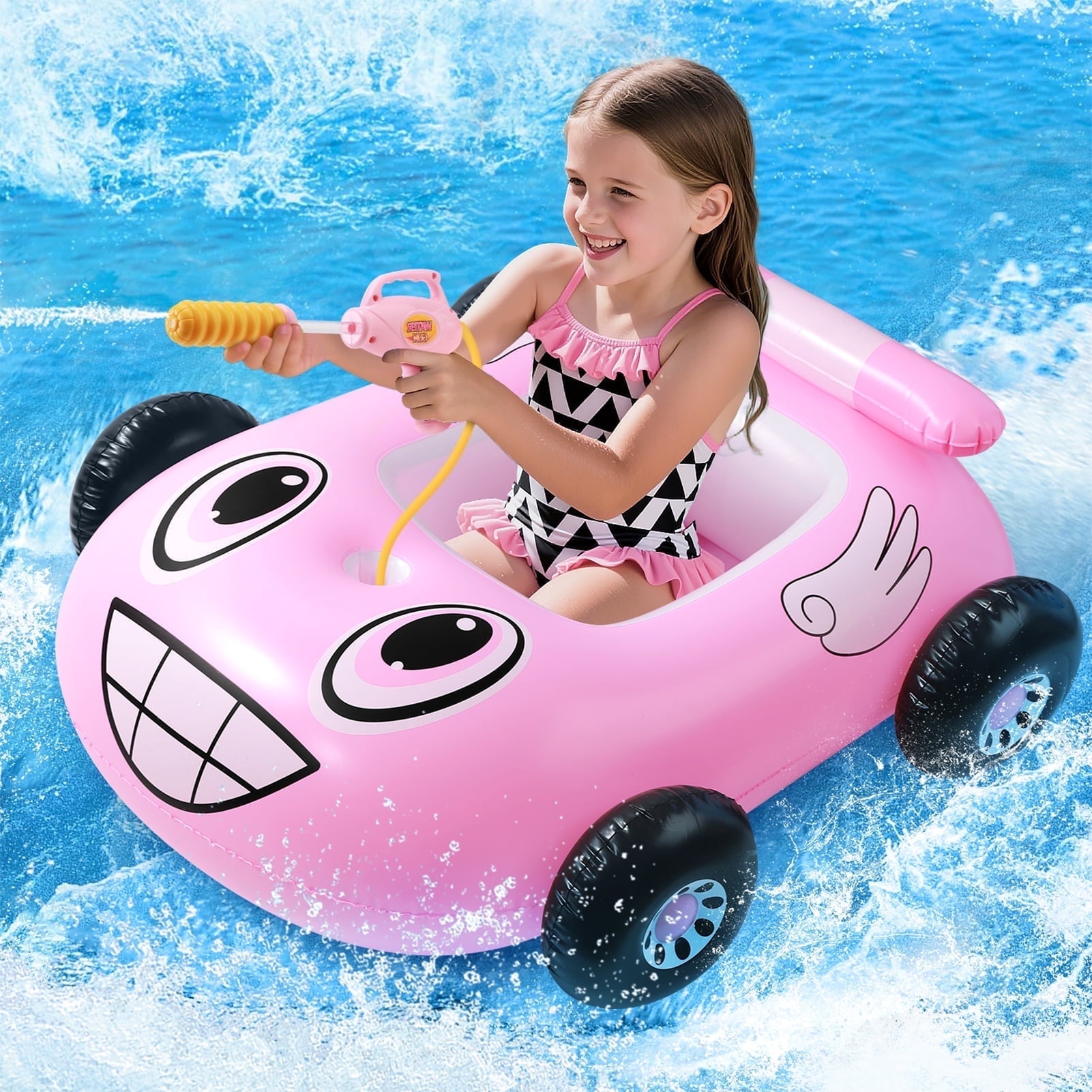 "Livhil Kids Pool Float, Inflatable Pink Car with Squirt Gun, 33.46"" x ...