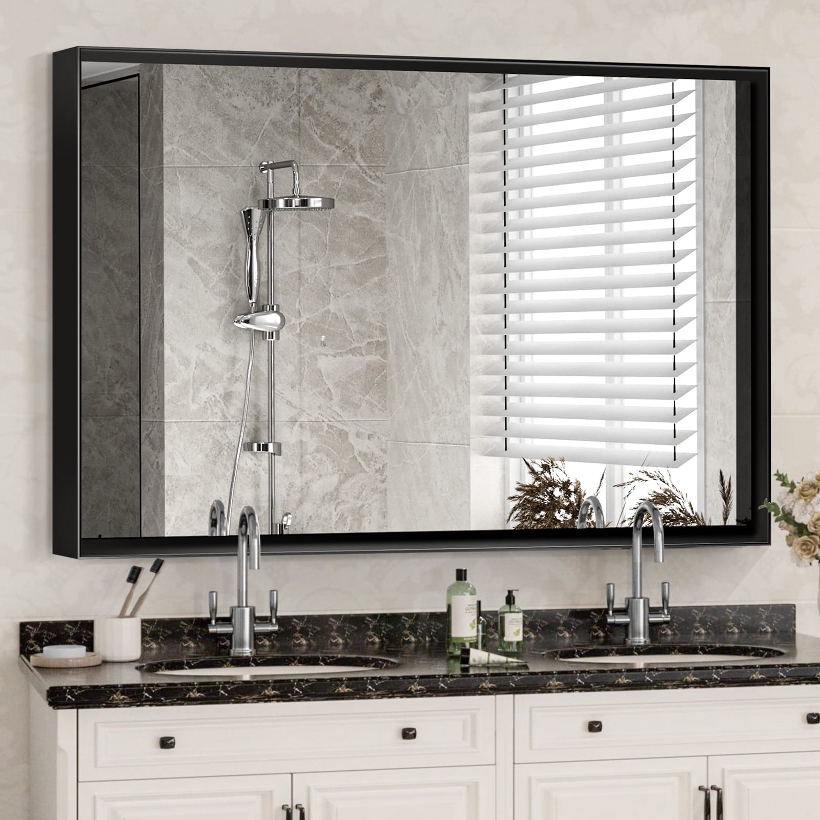 LiviNest 36x30 inch Glossy Black Bathroom Mirror, Beveled Edge ...