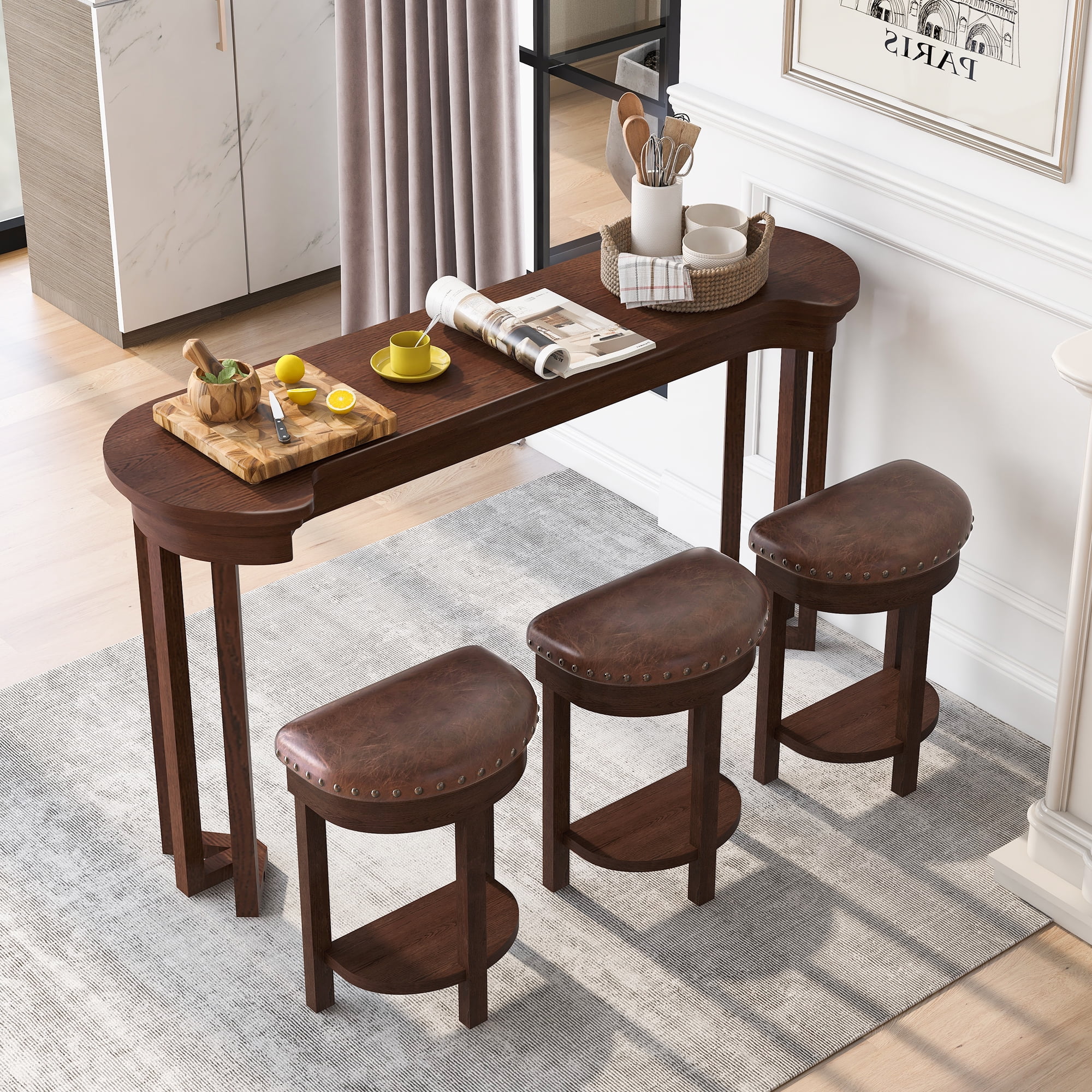 LiviNest 60-inch Bar Table Set with 3 Stools: Solid Wood Counter Height ...