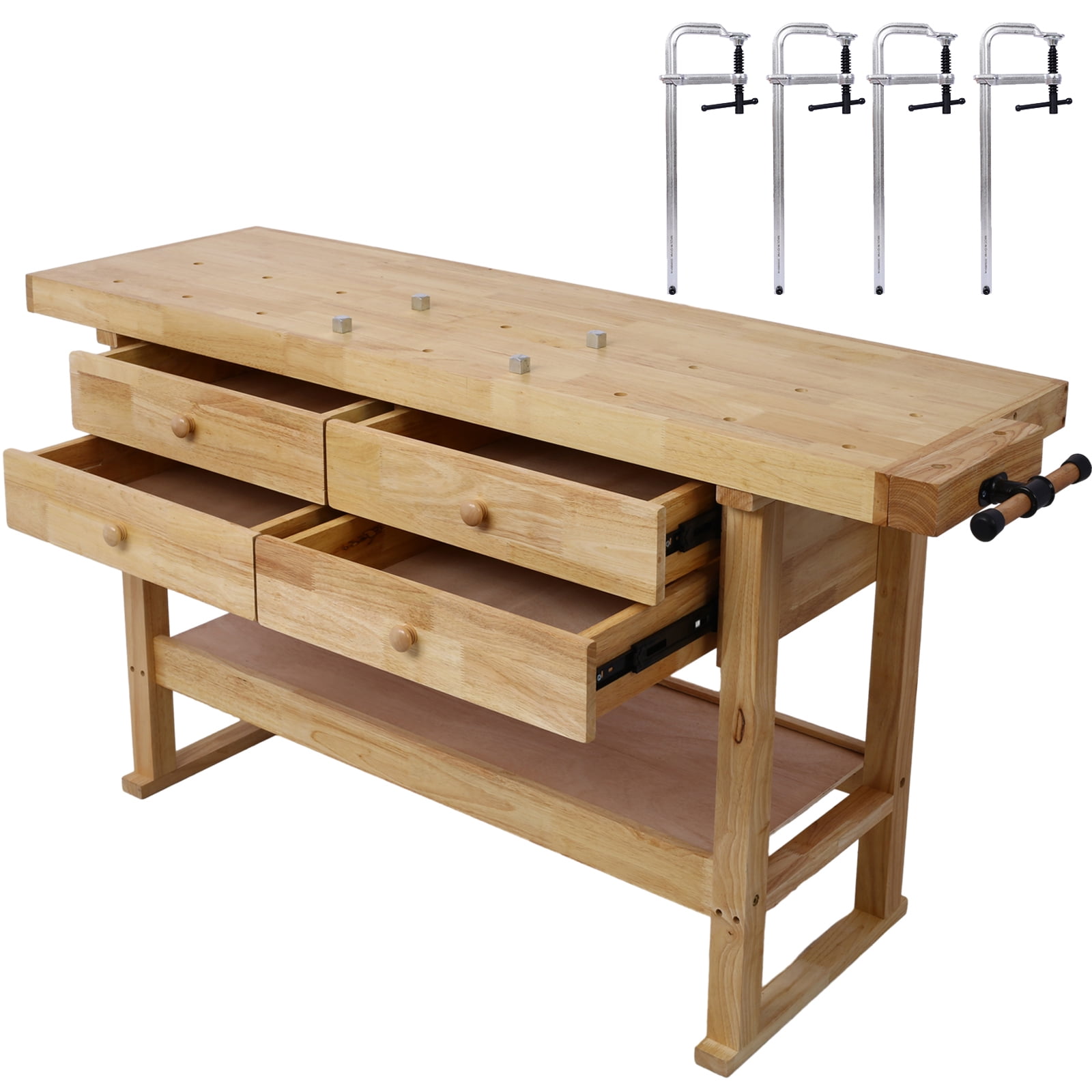 LiviNest 60in Workbench with 4 Drawers & Bar Clamps: Rubber Wood ...