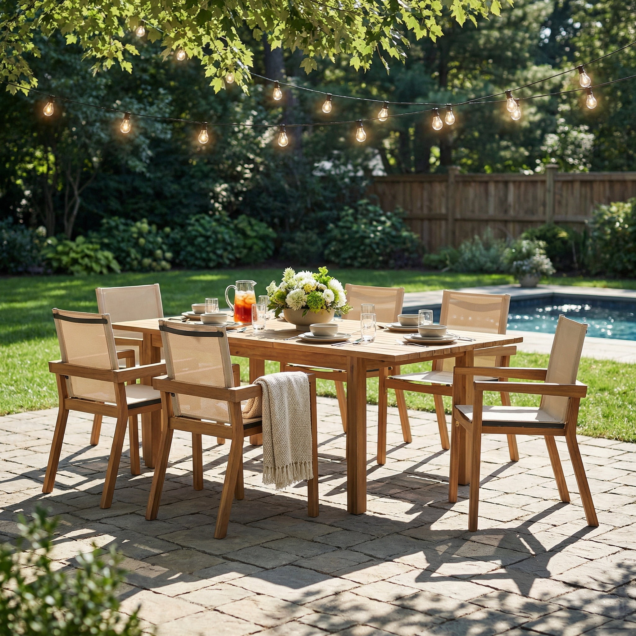 LiviNest 7 Piece Expandable Outdoor Dining Set, Solid Acacia Wood Table ...
