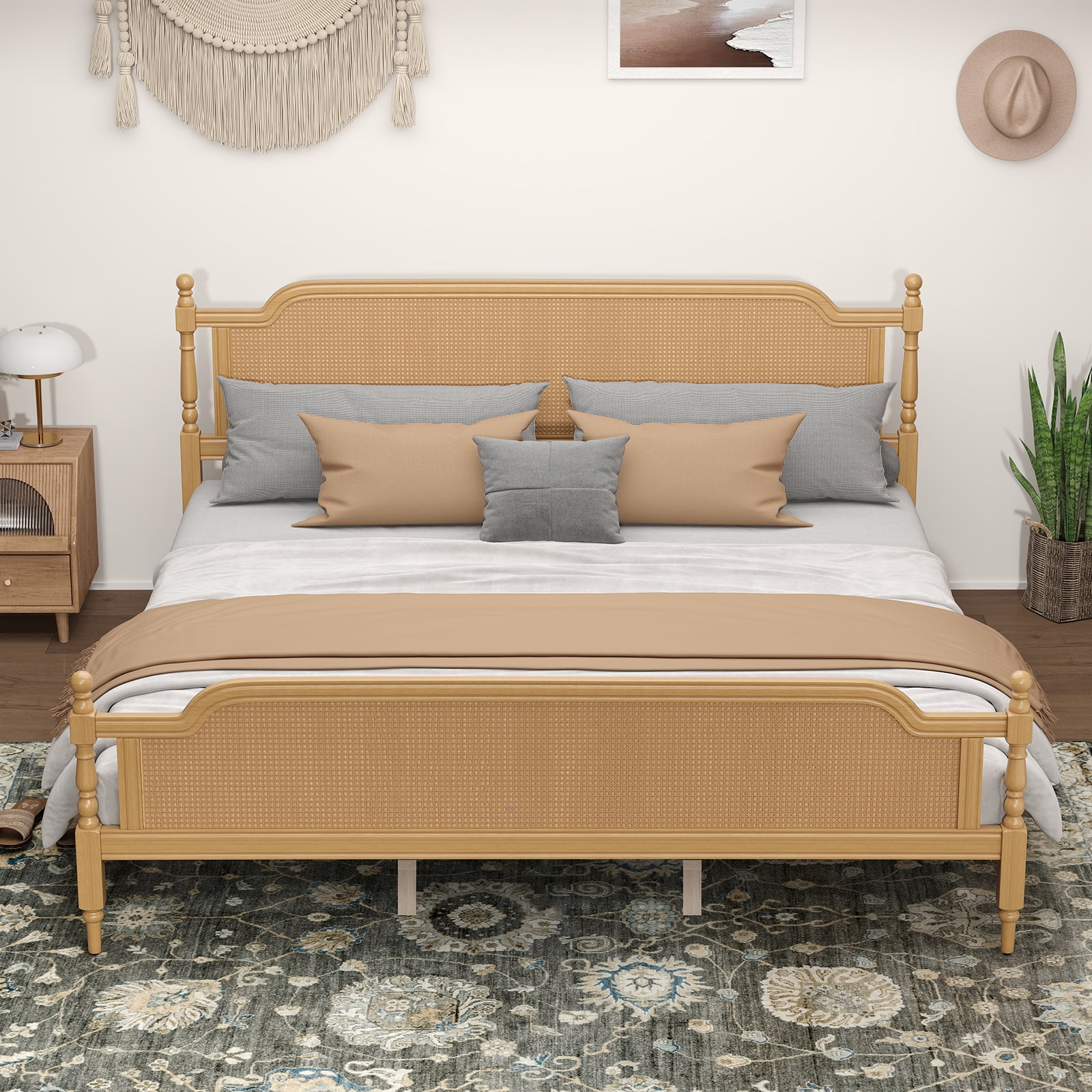 LiviNest Bohemian Style Platform Bed Frame: Handwoven Rattan Headboard ...