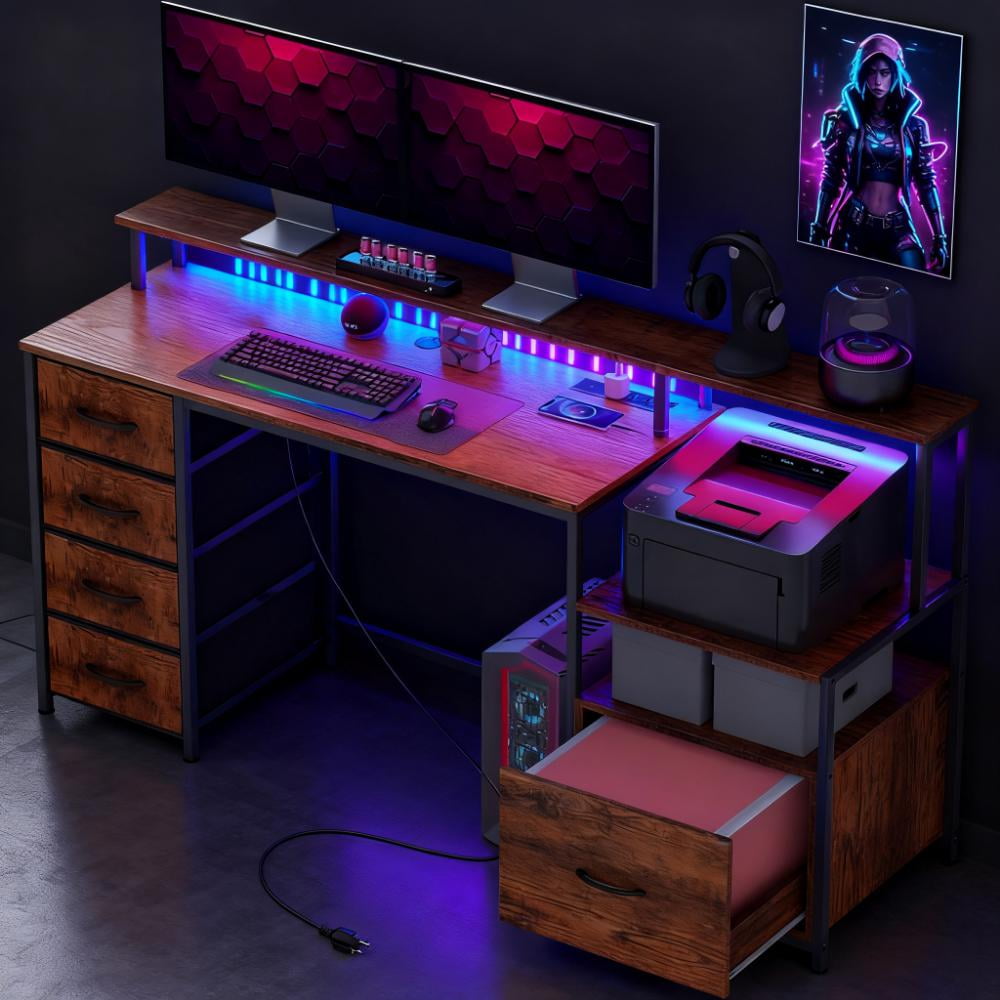 LiviNest Computer Desk with Built-in Power: 5-Port Charging Station & 5 ...
