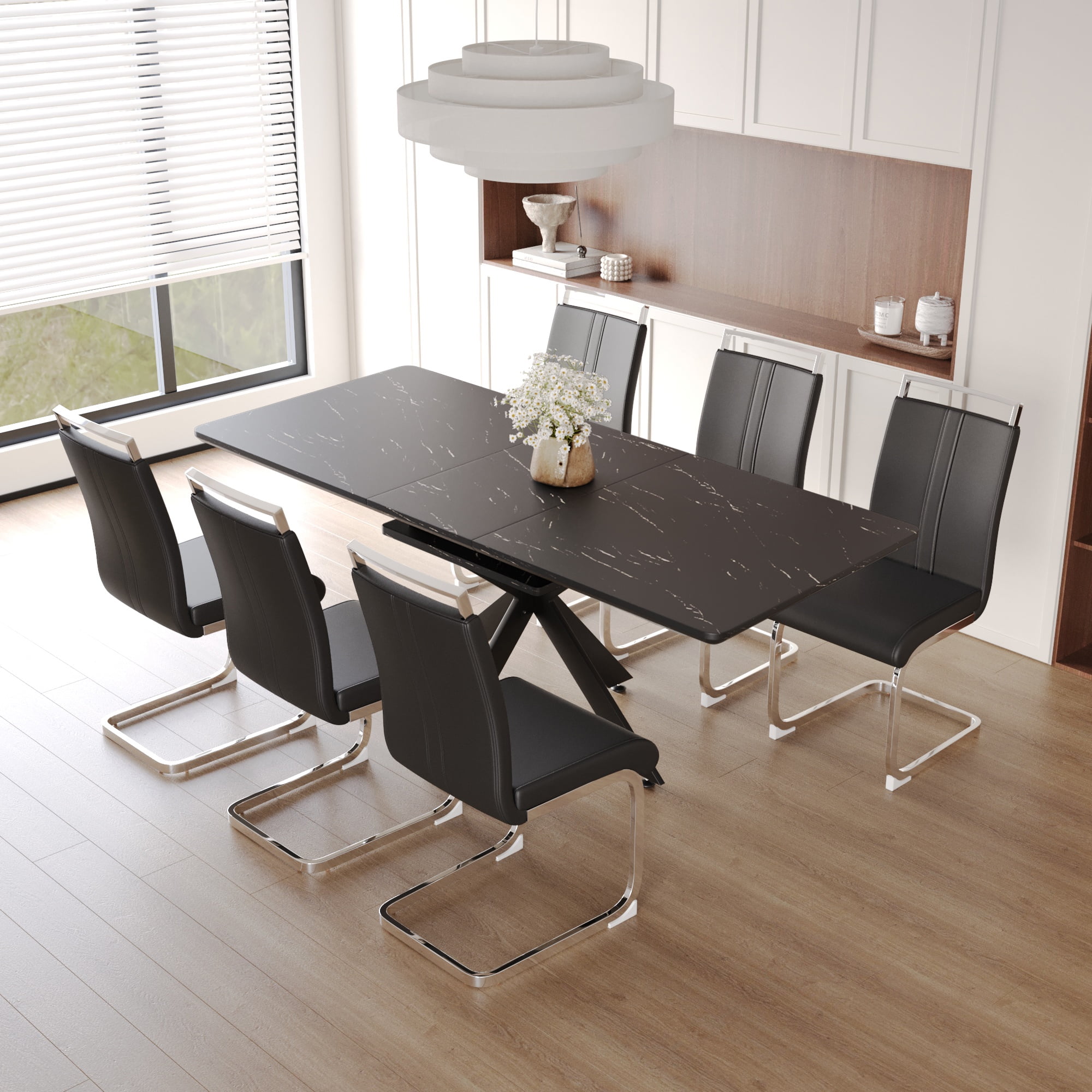 LiviNest Expandable Dining Table Set for 6-8: Modern Black Marble ...
