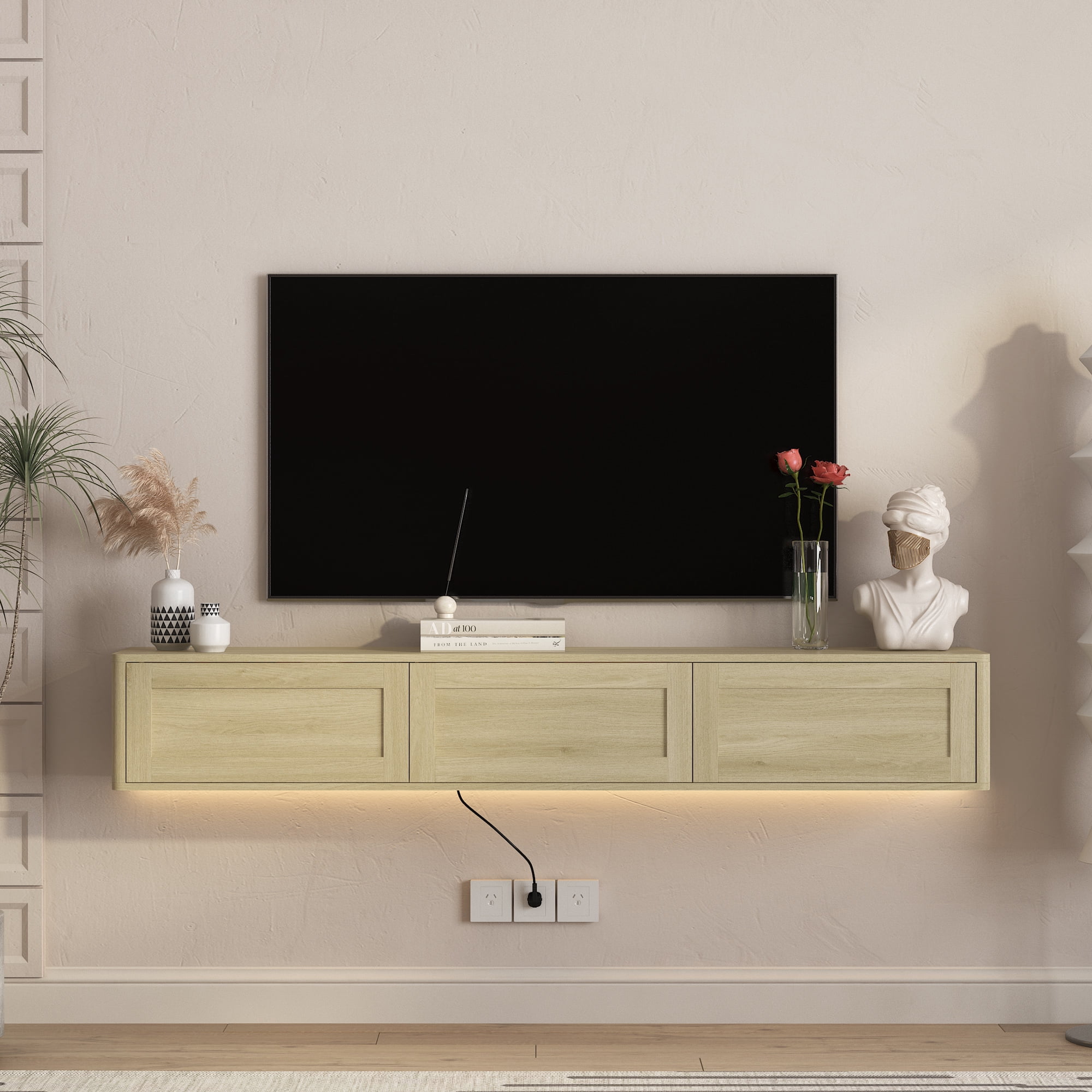 LiviNest Floating TV Stand Wall Mount: 3-in-1 Hub with Power & LED ...