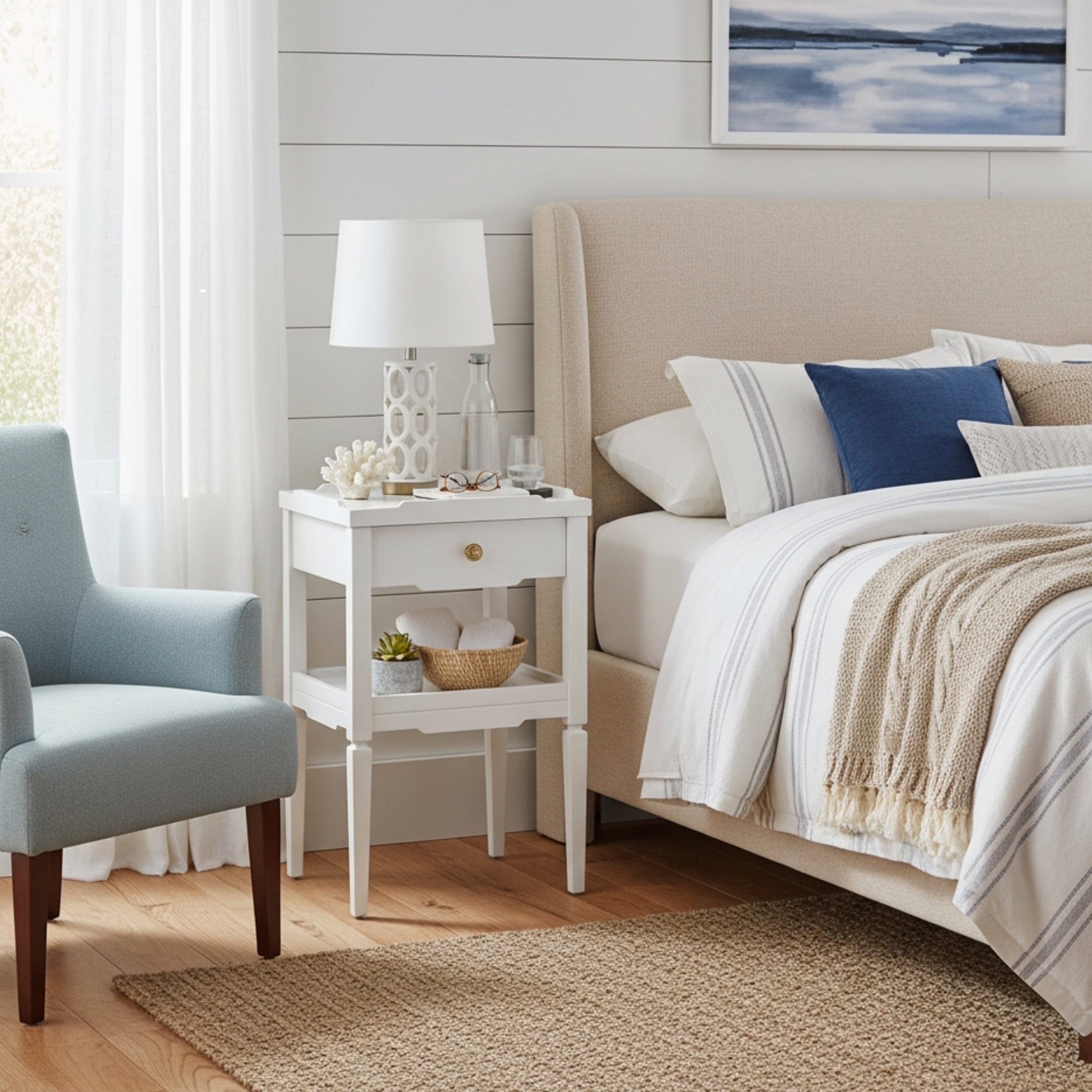 LiviNest Foley White Nightstand: Mid-Century Modern 1-Drawer Bedside ...
