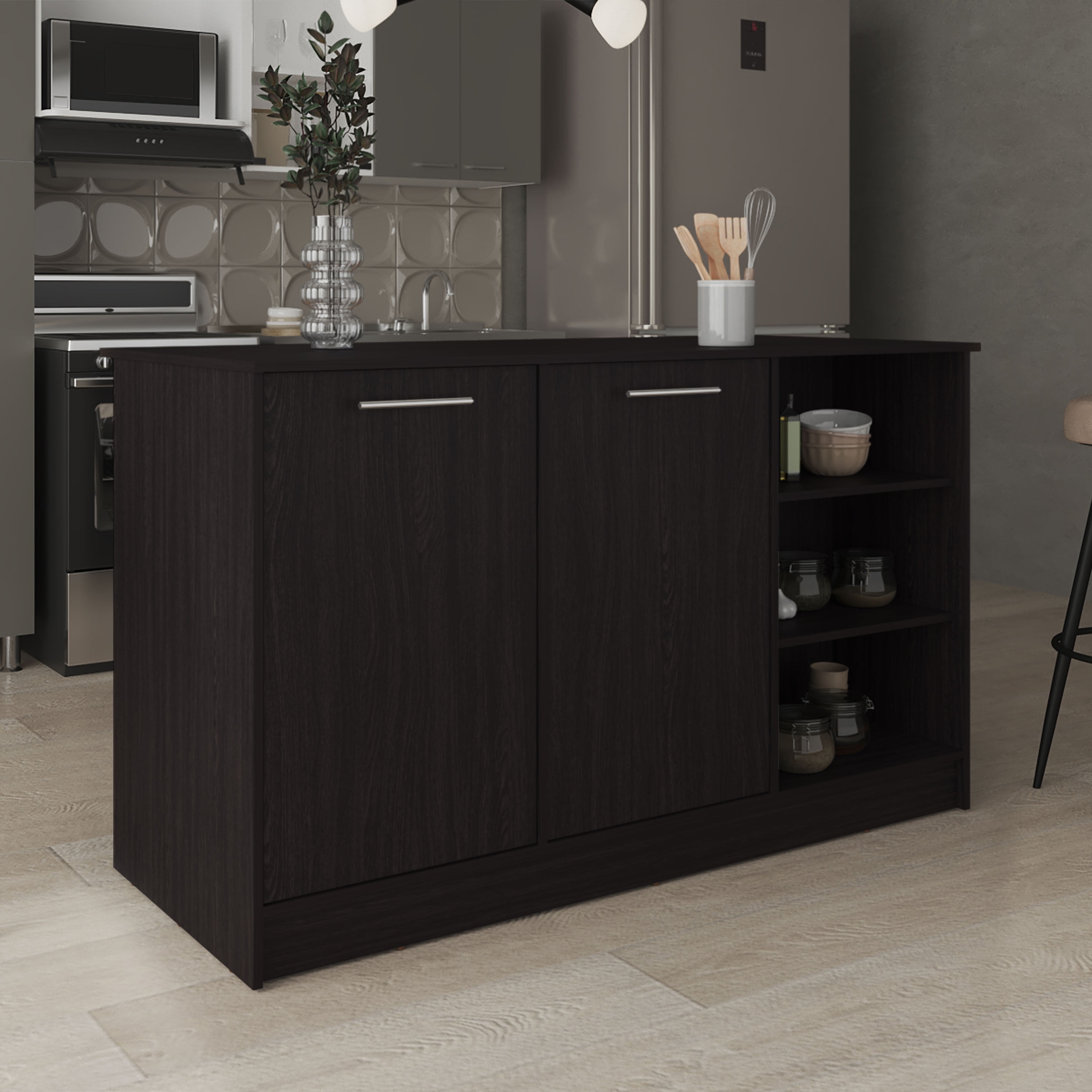 LiviNest Kitchen Island with Storage: Modern Two Cabinet Three Shelf ...