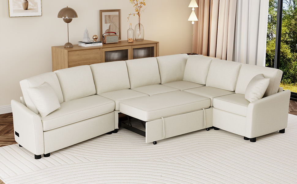 LiviNest L-Shaped Convertible Sofa Bed: 6-Seat Sofa to Full-Size Bed in ...