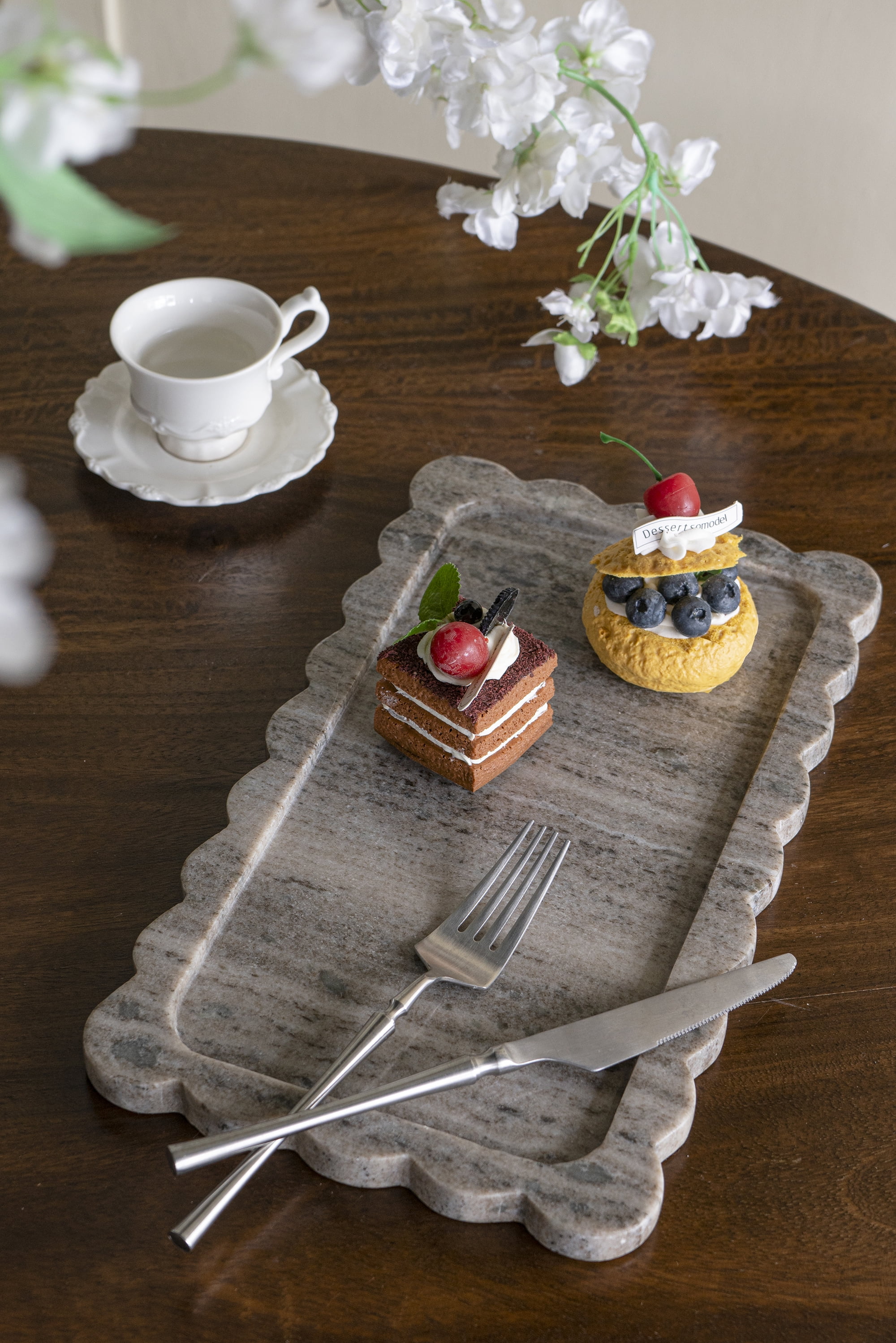 LiviNest Marble Serving Tray with Scalloped Edge: Natural Gray Stone ...