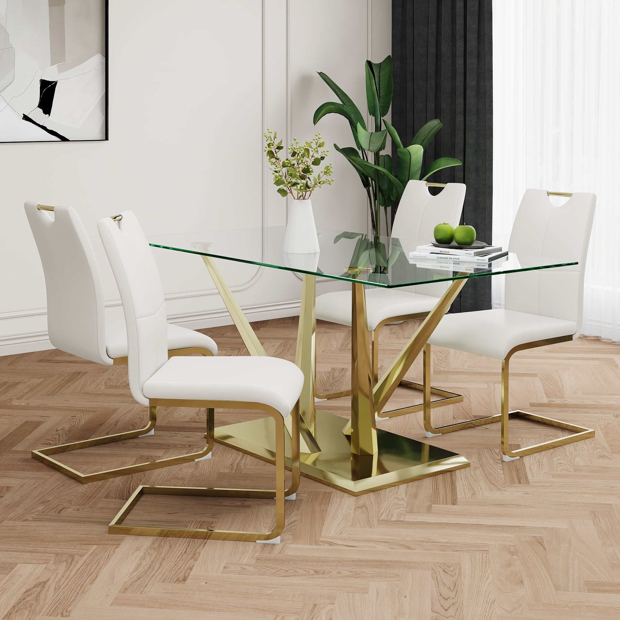 LiviNest Modern Glass Dining Table Set: Transparent Rectangular Design ...