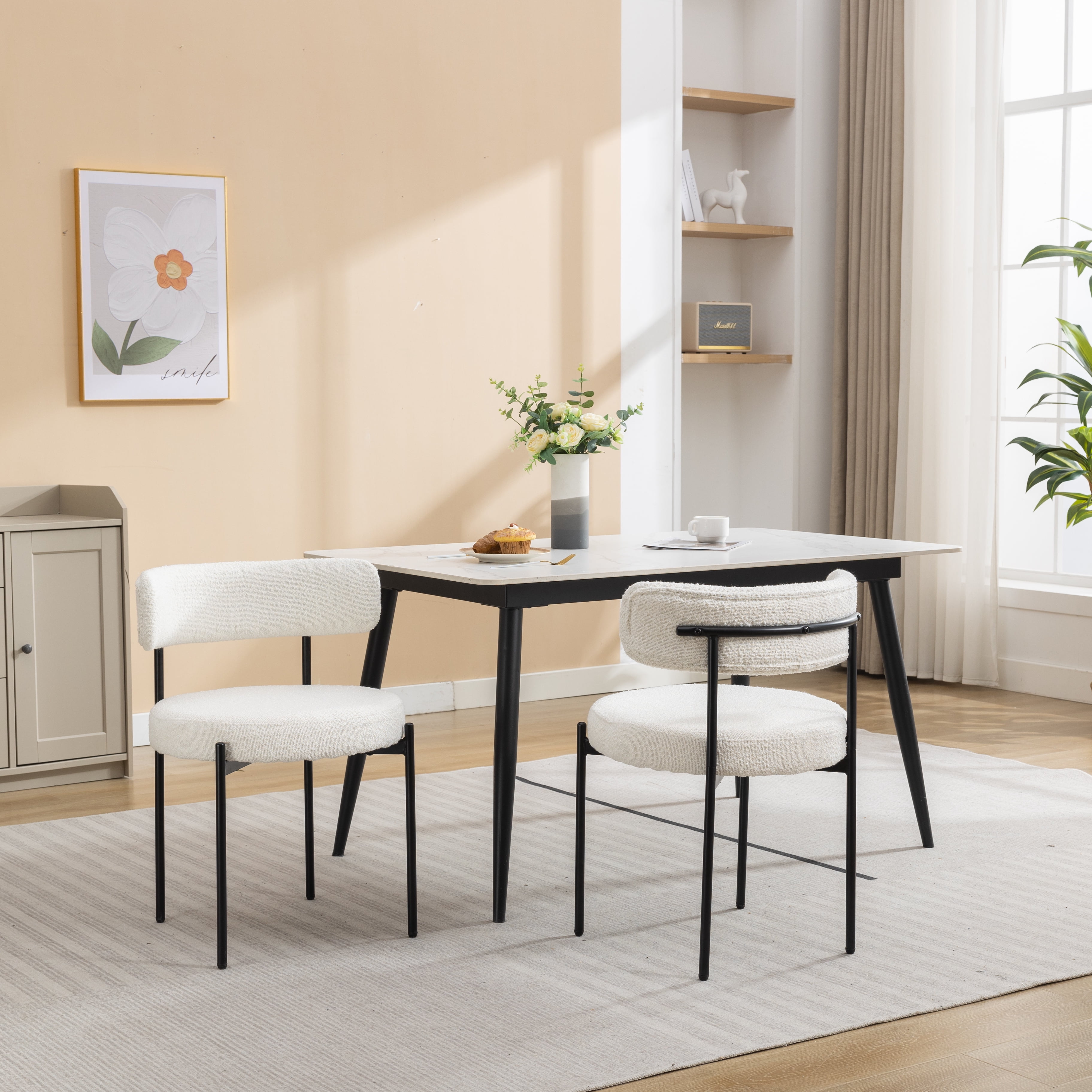 LiviNest Modern Round Dining Chairs Set of 2: White Boucle Upholstery ...