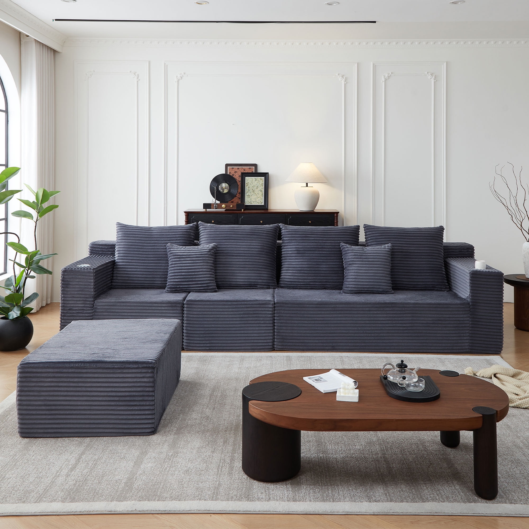 LiviNest Modular Cloud Couch: Deep Seat Corduroy Sofa with Cup Holders ...