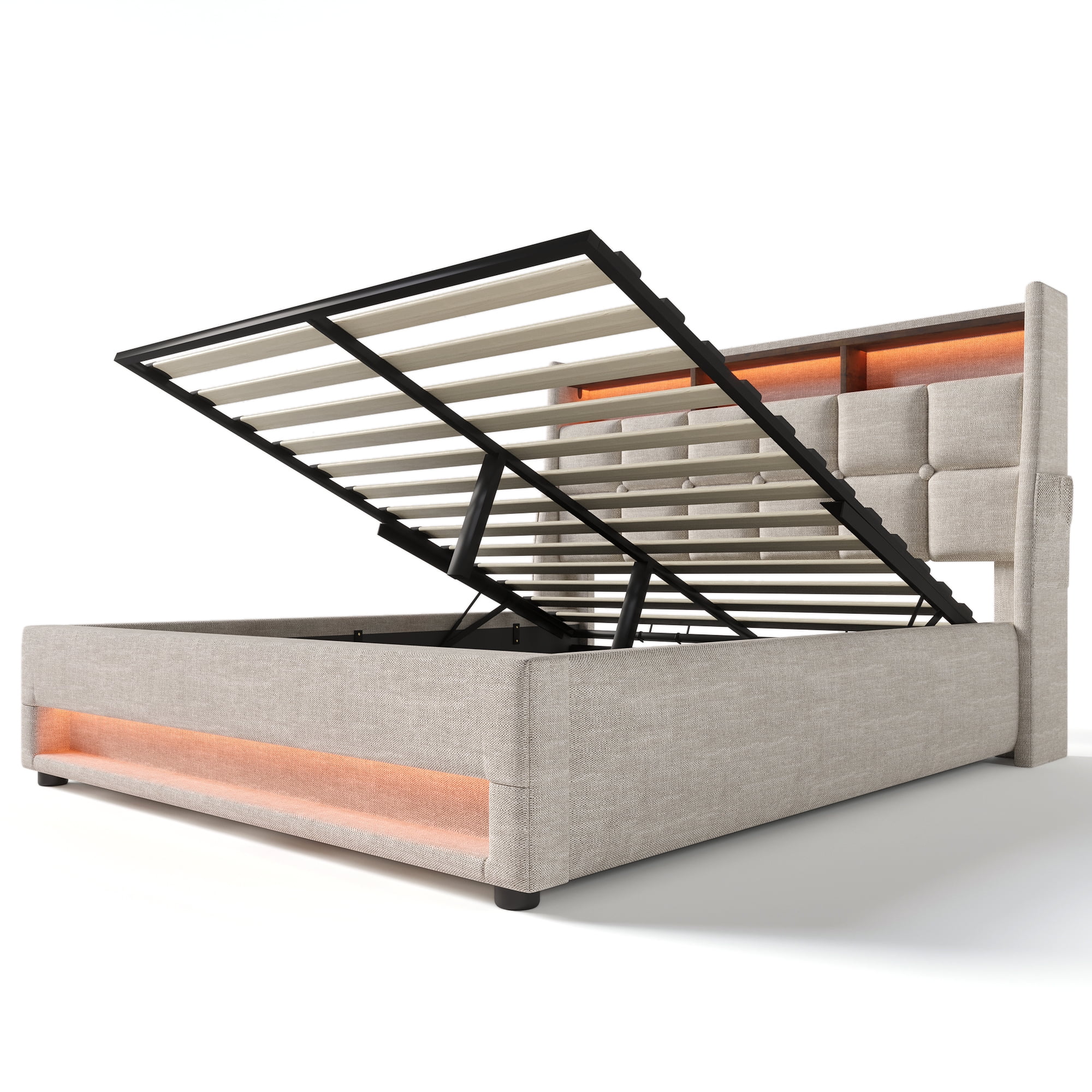 LiviNest Queen Storage Bed with LED: Hydraulic Storage System & USB ...