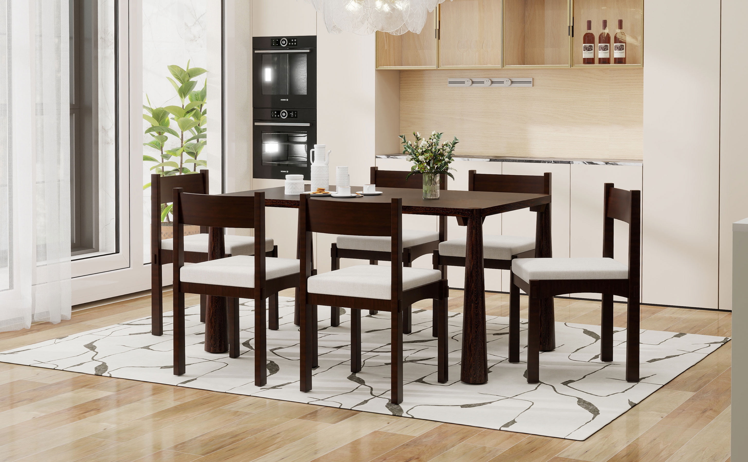 LiviNest Retro Dining Table Set for 6: 7-Piece Wood Table & Upholstered ...