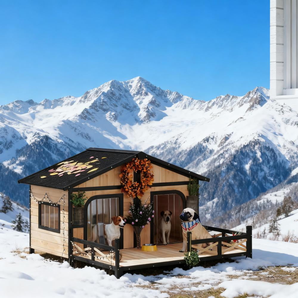 LiviNest Wooden Dog House with Porch: Two Room Weatherproof Outdoor ...