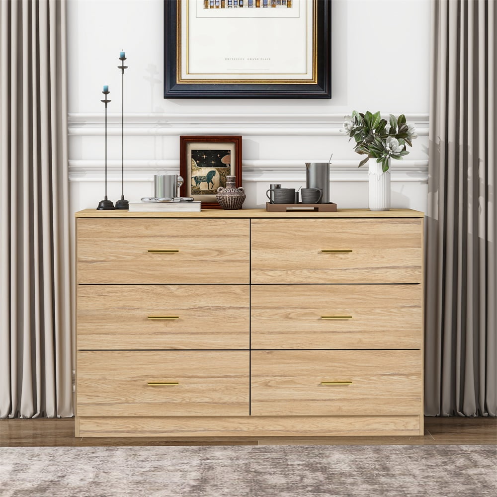 LiviNest Wooden Dresser with Six Drawers: Modern Natural Finish Storage ...
