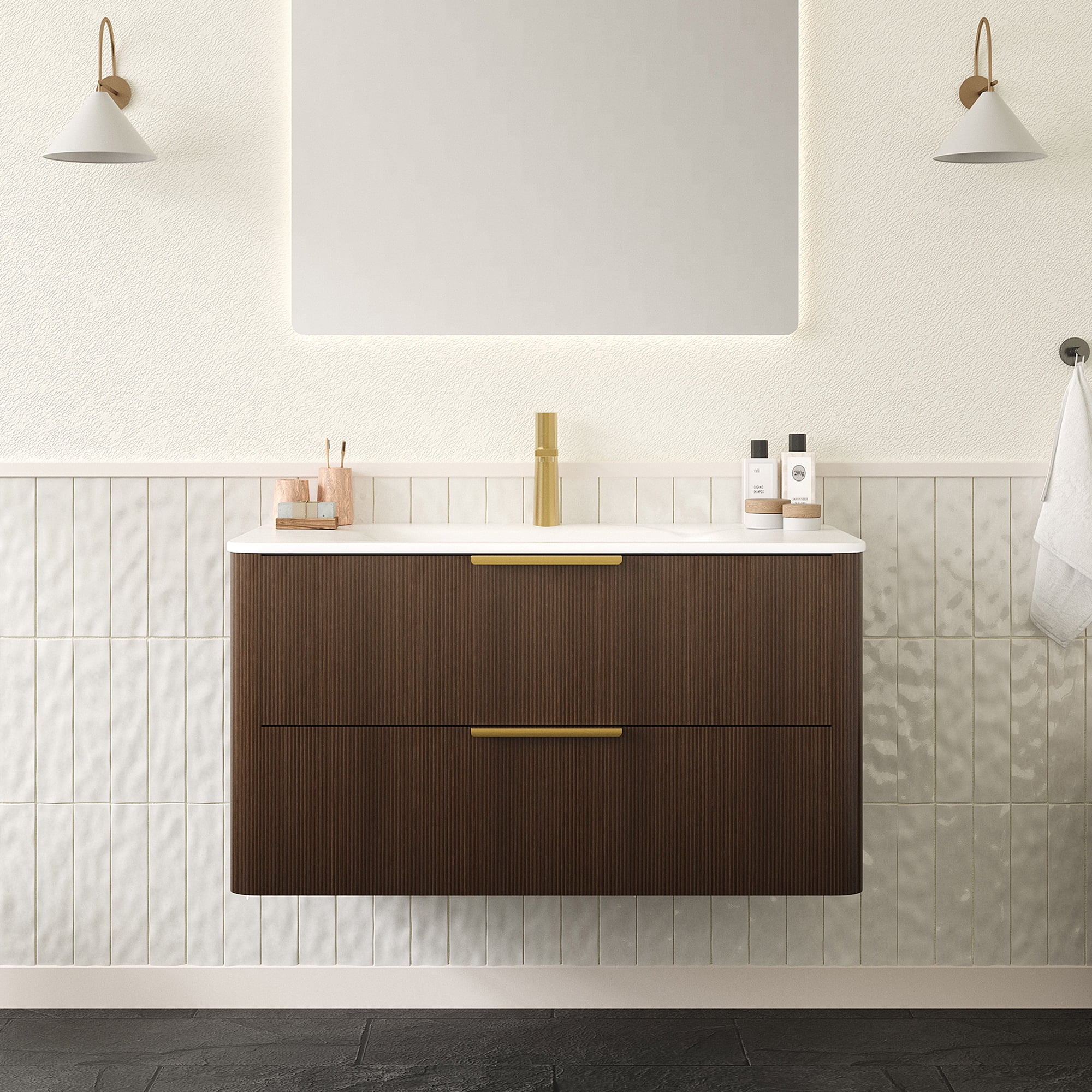 LiviNest Floating Bathroom Vanity: 36" Seamless Sintered Stone Basin ...