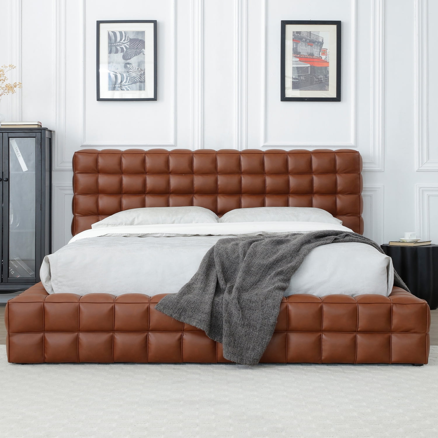 Livia King Size Faux Leather Upholstered Bed Fram in Brown - Walmart.com