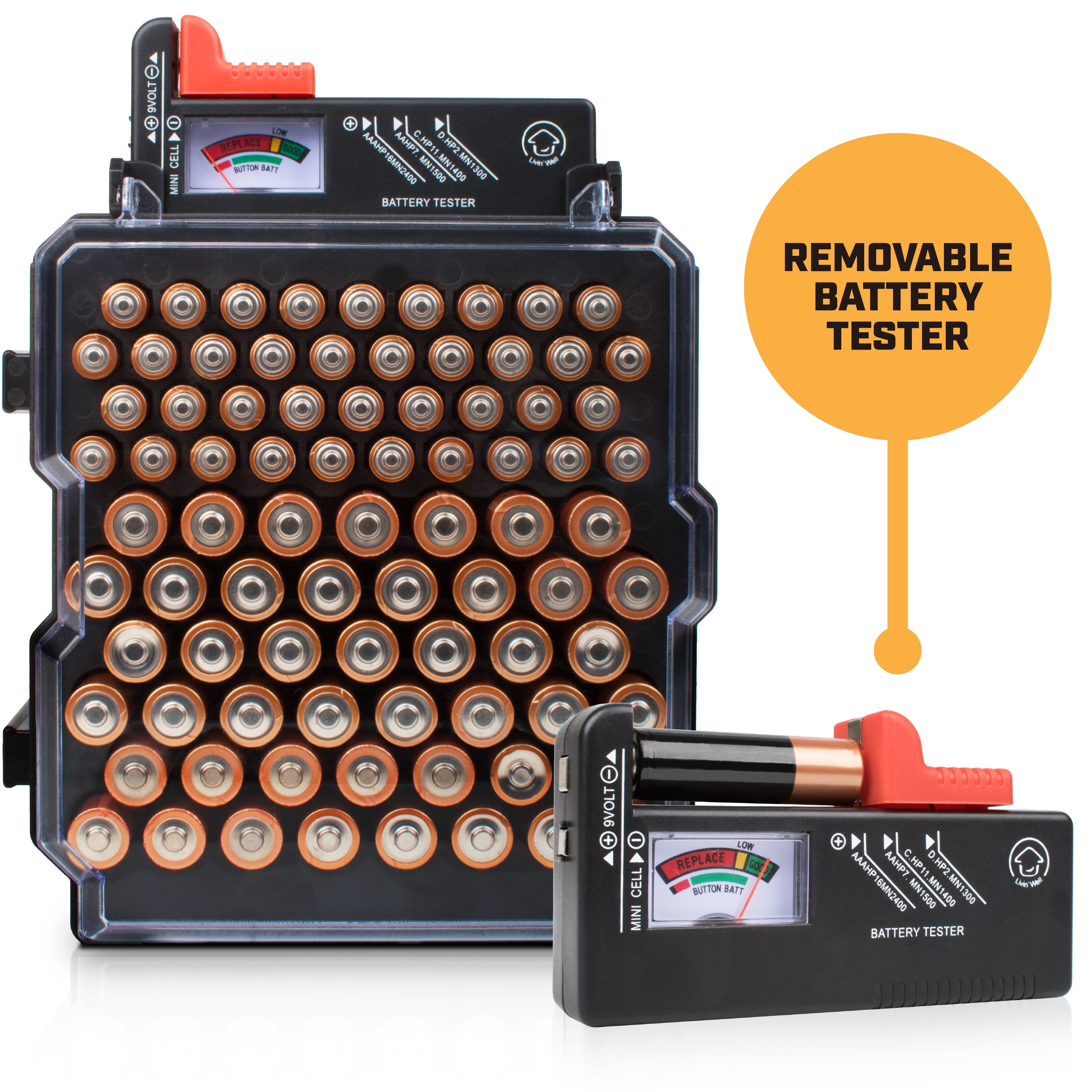 Livin' Well 83 Slot Battery Storage Case with Tester (Batteries Not ...