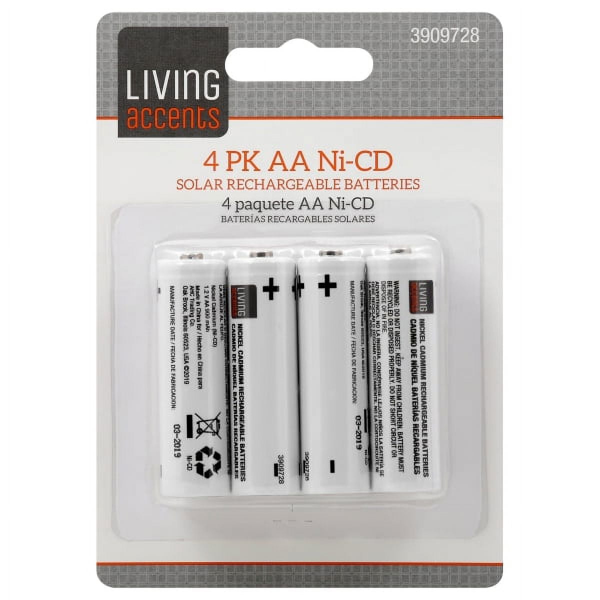 Living Accents 3909728 1.2V Ni-Cad AA Solar Rechargeable Battery, Pack ...