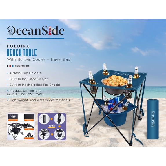 Living+ Folding Beach Table with Built-In Cooler & Travel Bag ...