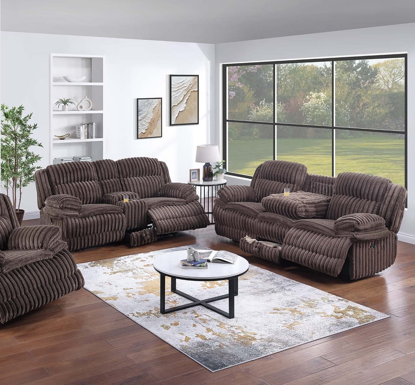 Living Room 2pc Chocolate Corduroy Reclining Sofa Set: Manual Motion ...