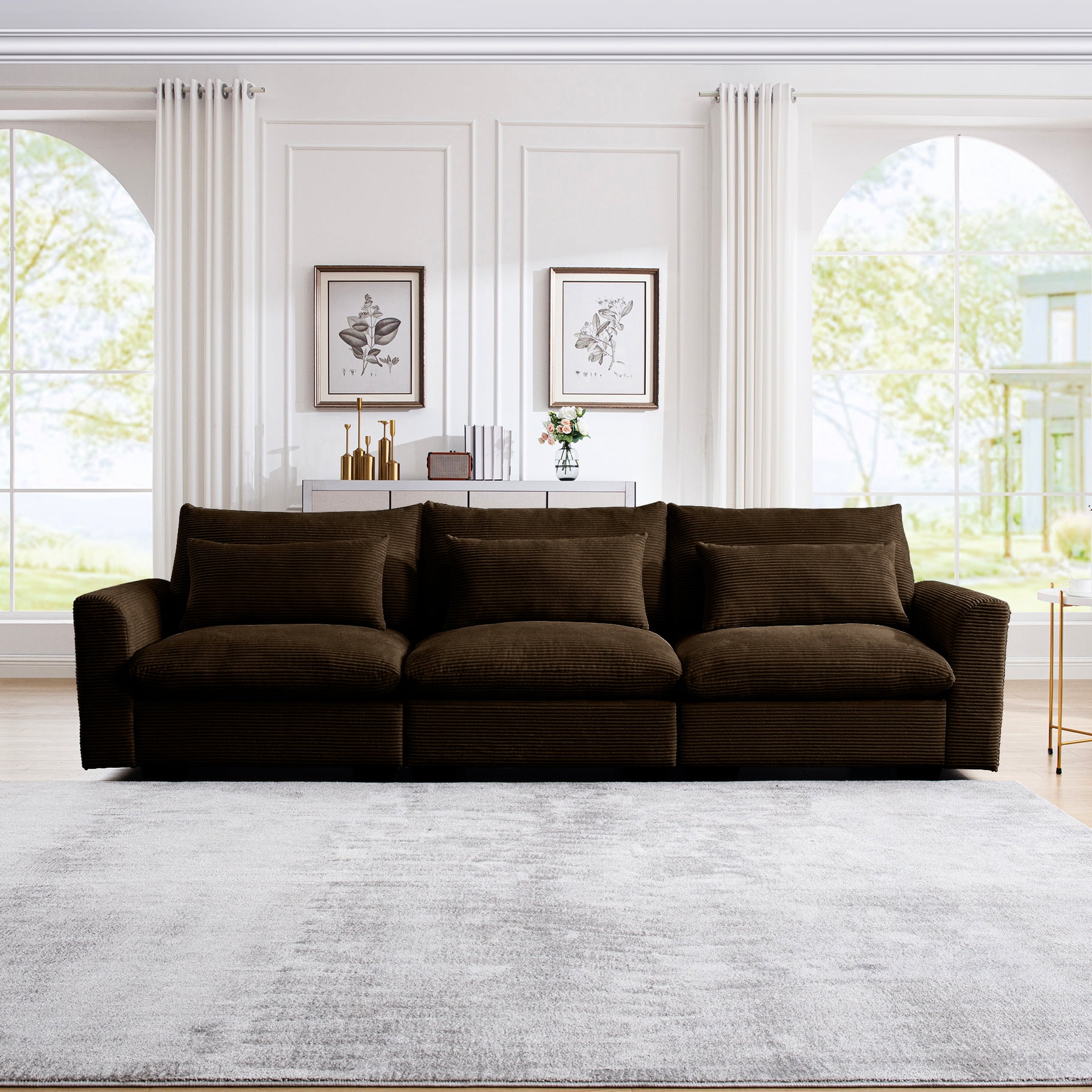 Living Room 3 Seater Brown Corduroy , Deep Seat With Waist Cushions, Ergonomic And Fashionable ...