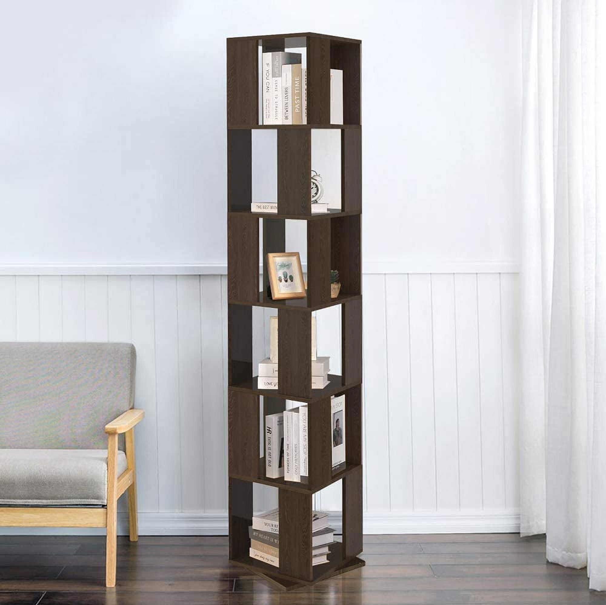 Living Room 6-Tier Rotating Wood Bookcase Tall Corner Bookshelf Floor ...