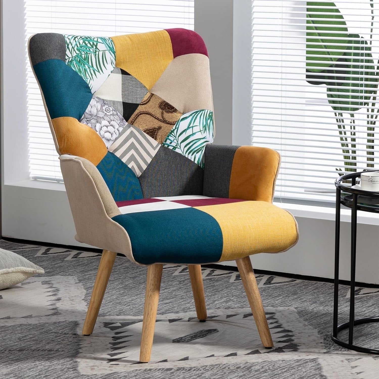 Living Room Accent Chair with High Backrest, Bedroom Plaid Bohemian ...