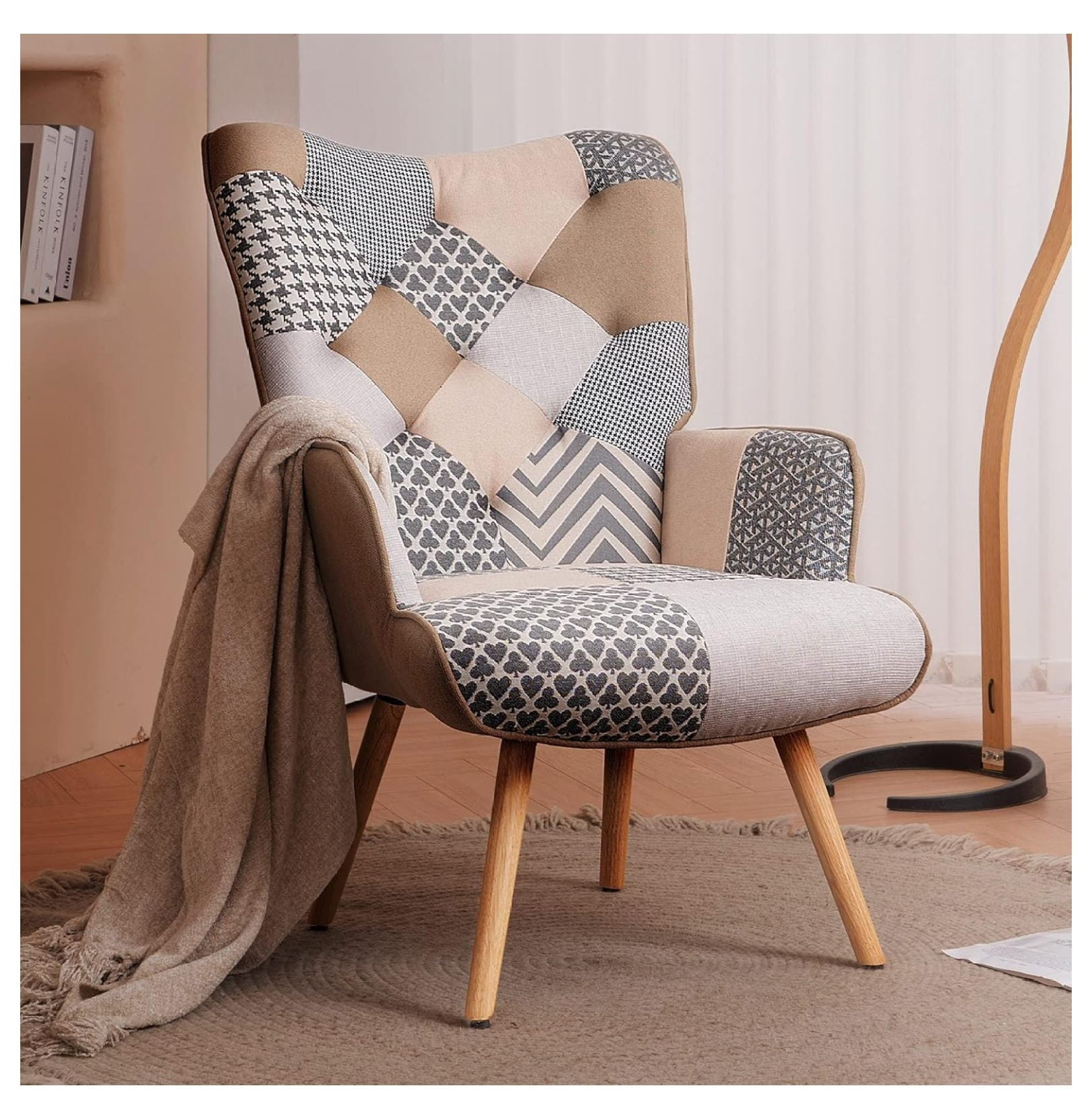 Living Room Accent Chair Modern High Back Arm Chair, Grey Plaid Chairs ...
