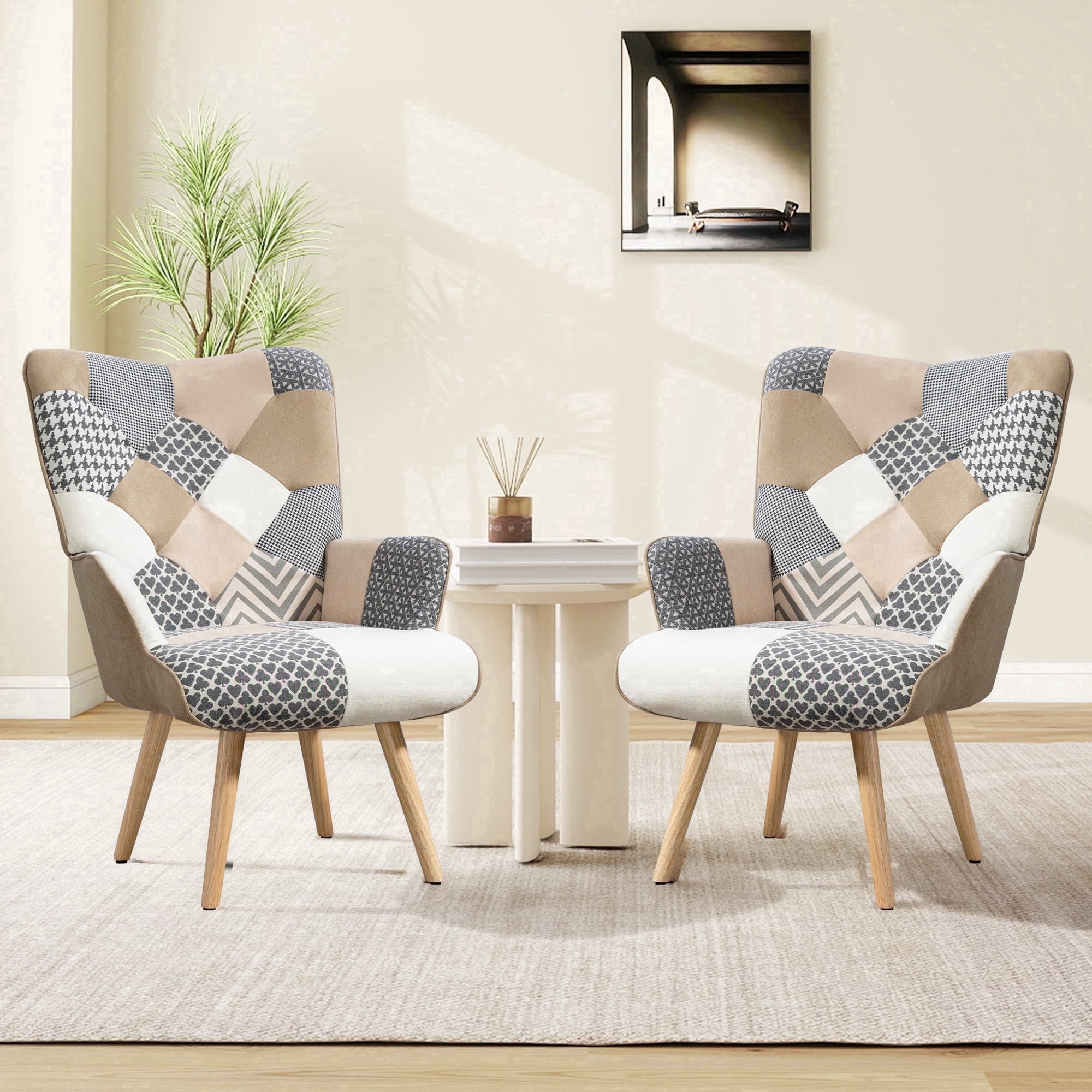 Living Room Accent Chair Set of 2, Modern High Backrest Armchair, Plaid ...