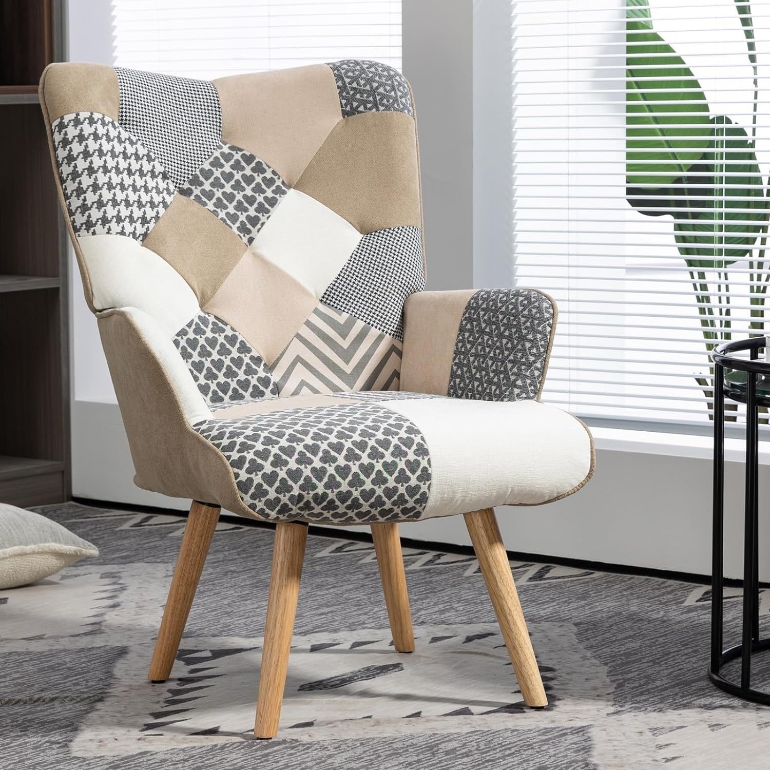 Living Room Accent Chair with High Backrest, Bedroom Plaid Bohemian ...