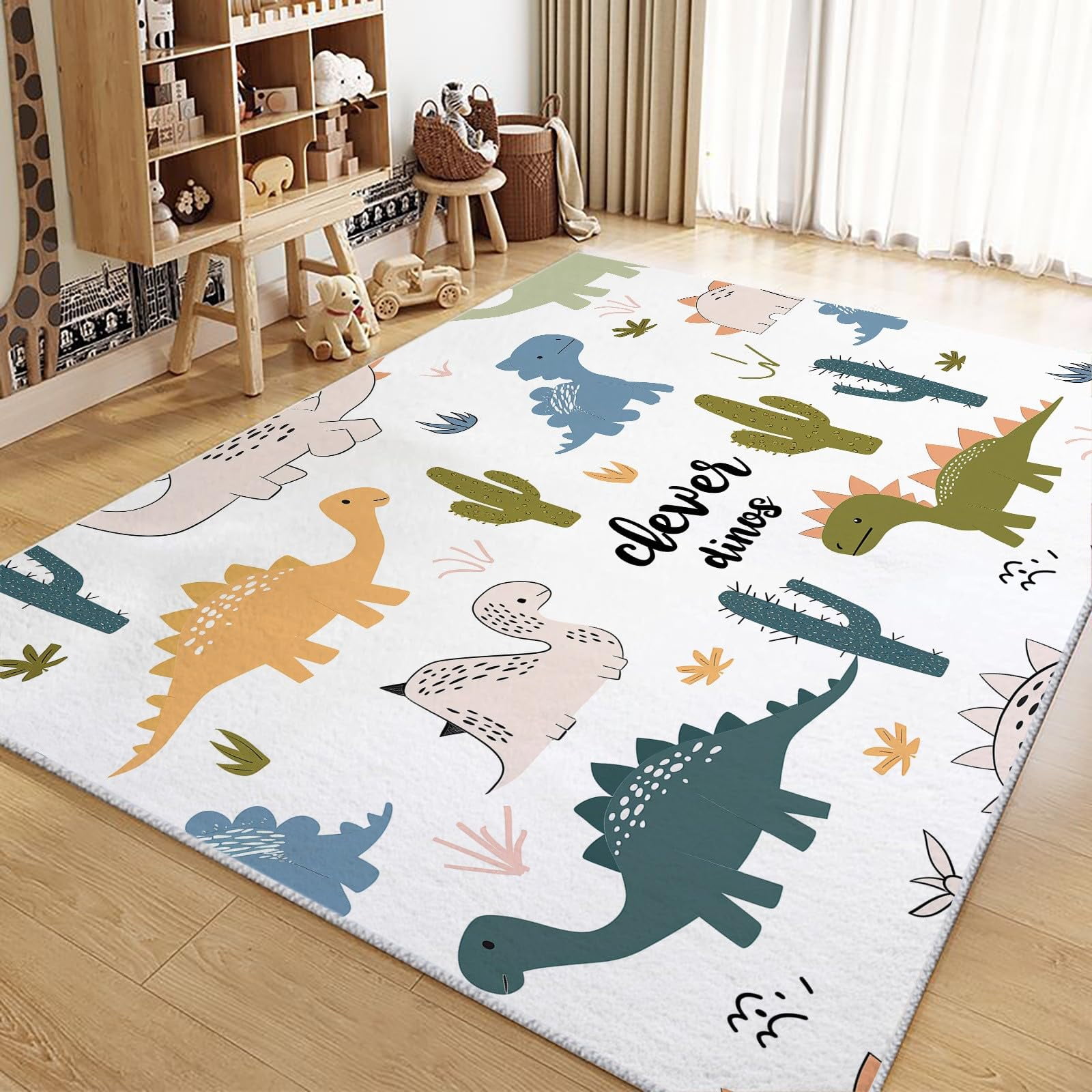 Living Room Area Rugs, Cartoon Dinosaur Cactus Printed Carpet, White ...
